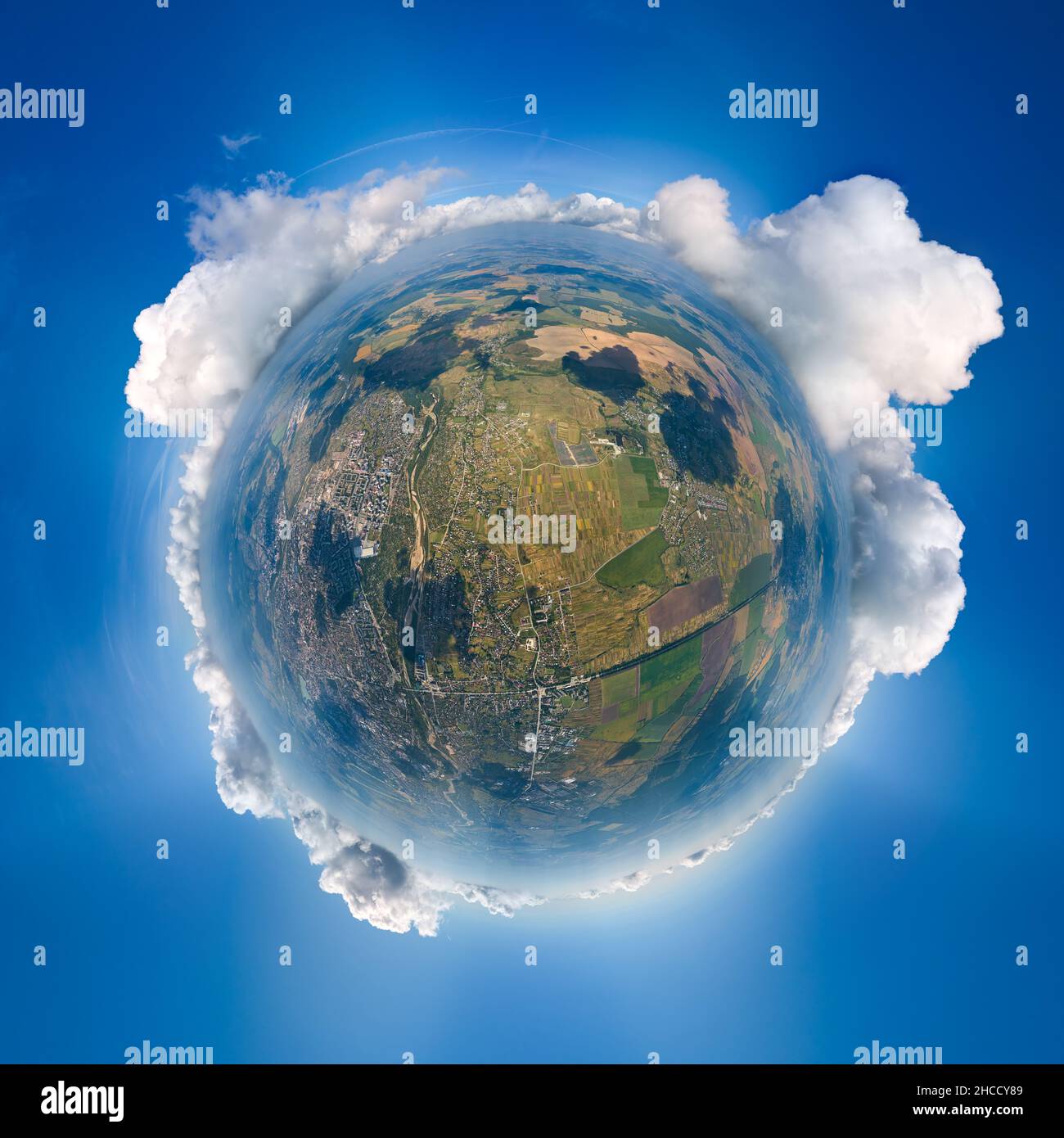 Aerial view from high altitude of little planet earth covered with ...