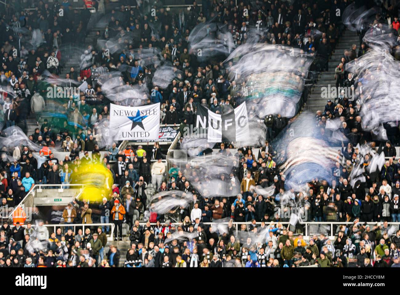 General view of the Newcastle United fans waving flags before the ...