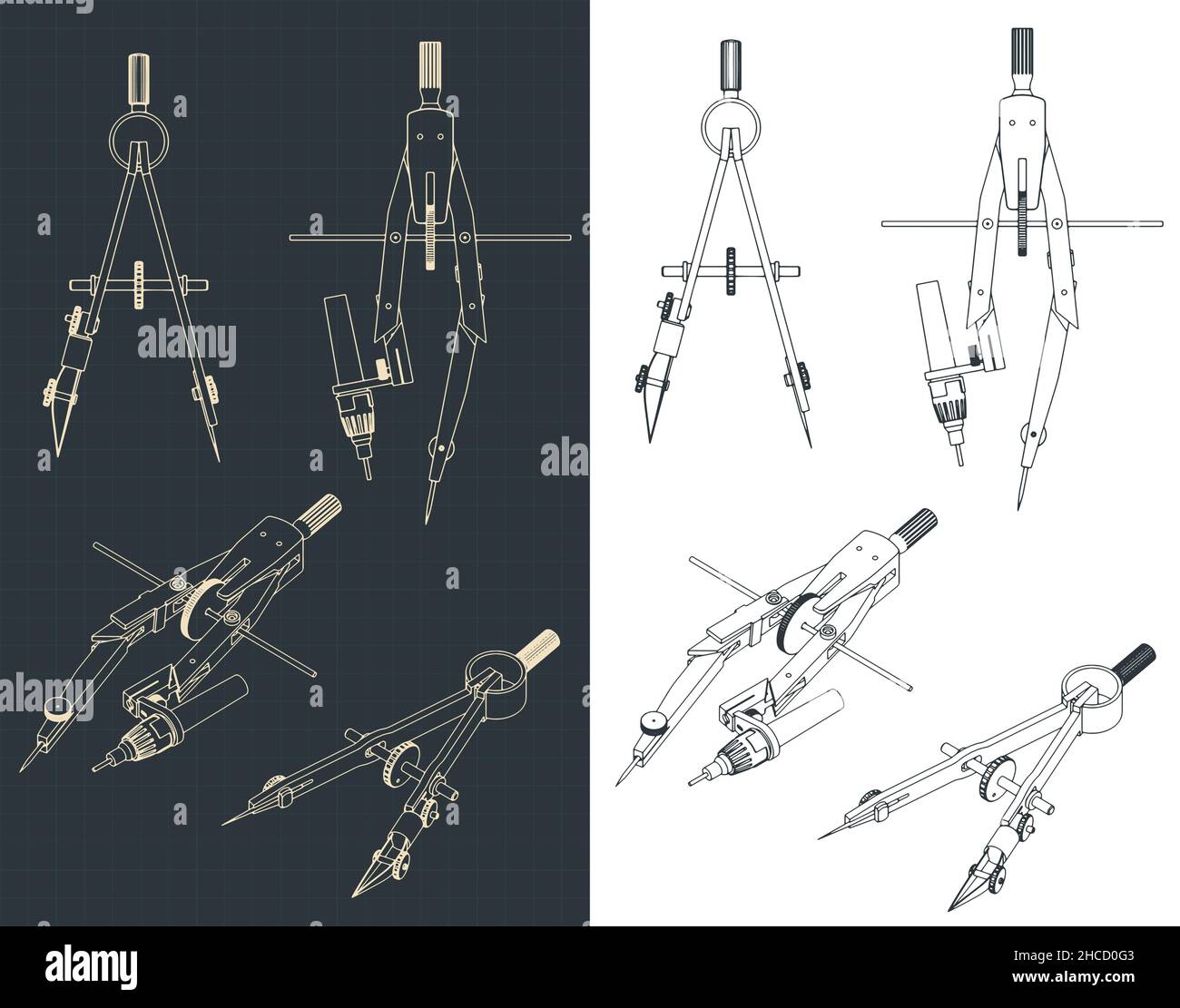 Stylized vector illustration of blueprints of drawing compass Stock ...