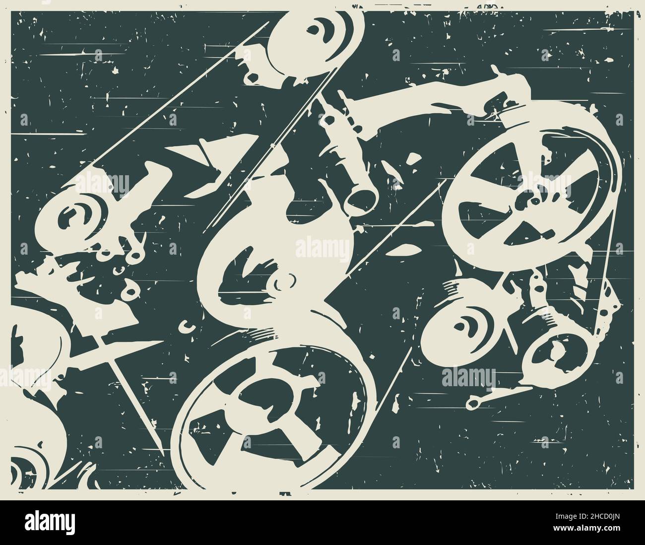 Stylized vector illustration of engine mechanisms with belt drives ...