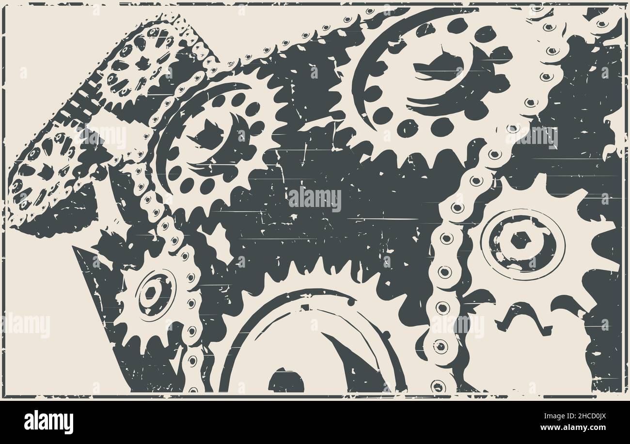Stylized vector illustration of chain drives mechanisms, gears and ...