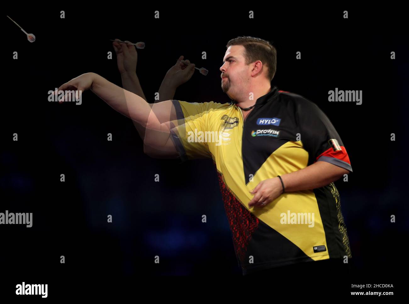 Gabriel Clemens in action against Jonny Clayton during day ten of the ...