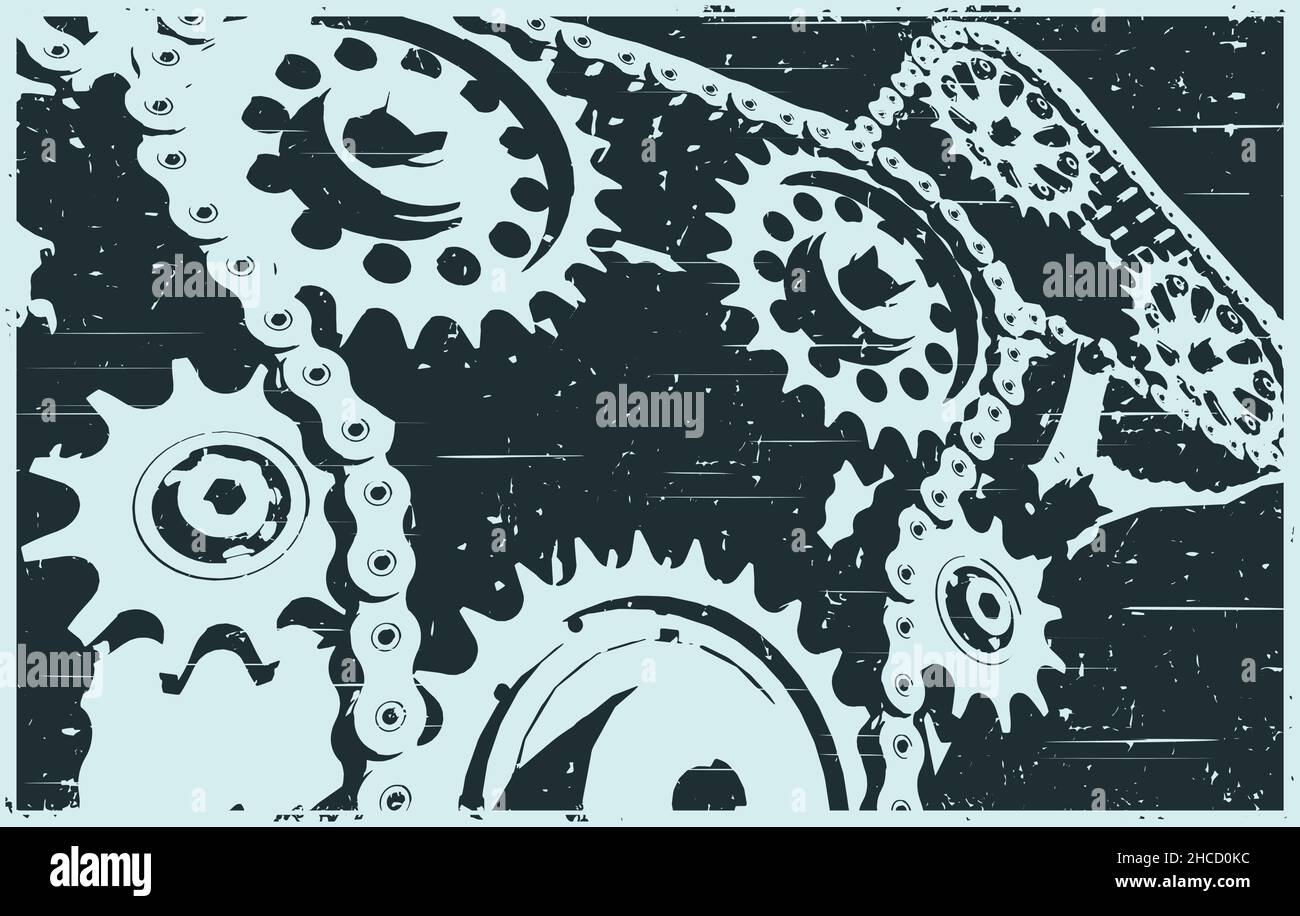 Stylized vector illustration of chain drives mechanisms, gears and ...