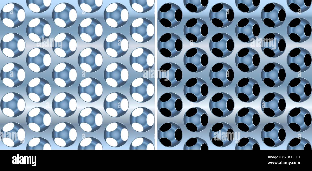 Two stylized vector illustrations of realistic volumetric metallic tech ...