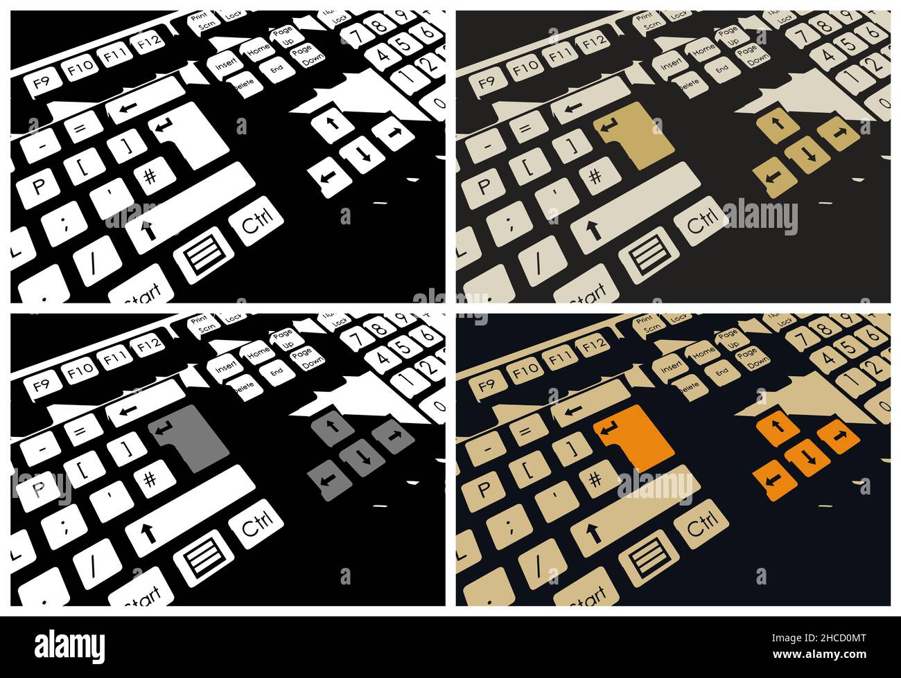 Several stylized illustrations of a mechanical retro keyboard close up ...