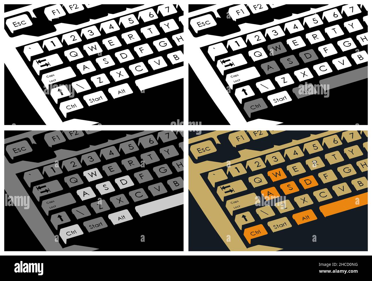 Several stylized illustrations of a mechanical retro keyboard close up ...