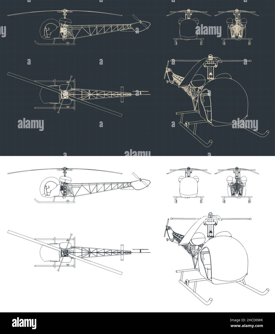 Stylized vector illustrations of light helicopter blueprints Stock ...