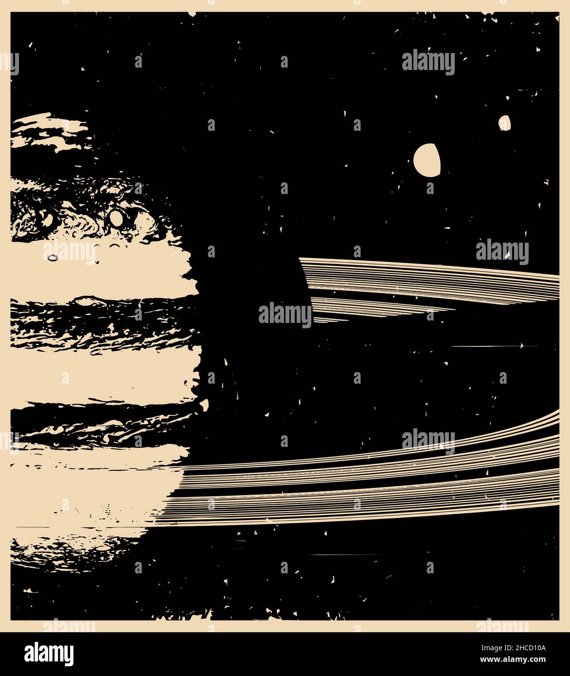 Stylized vector illustration of planet with rings close up retro style ...