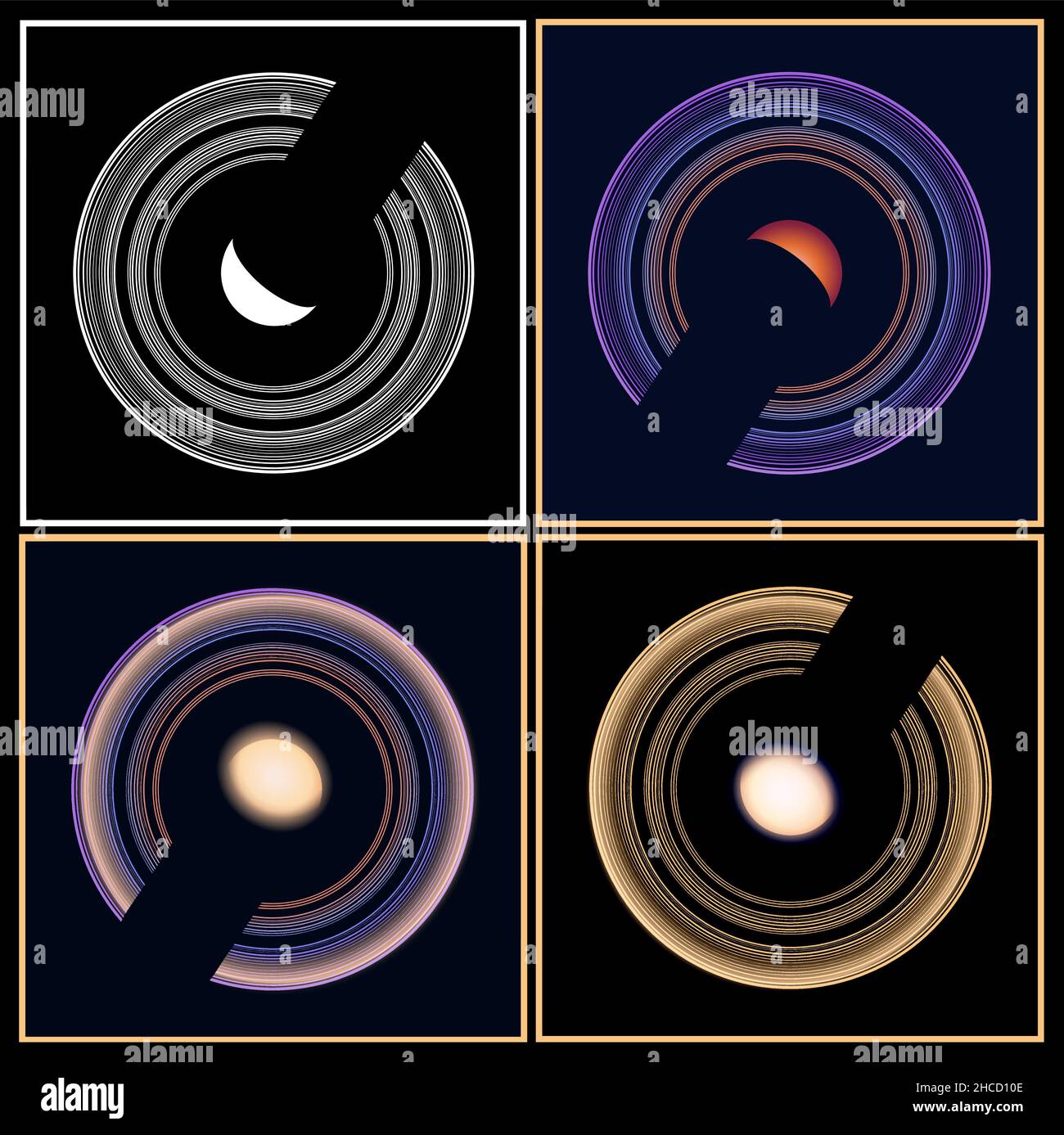 Two stylized vector illustrations of Saturn from an unusual perspective ...