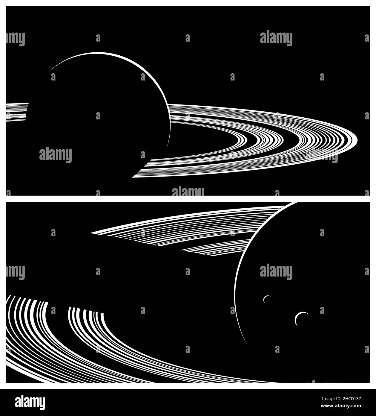 Two stylized vector illustrations of planet with rings close up Stock ...