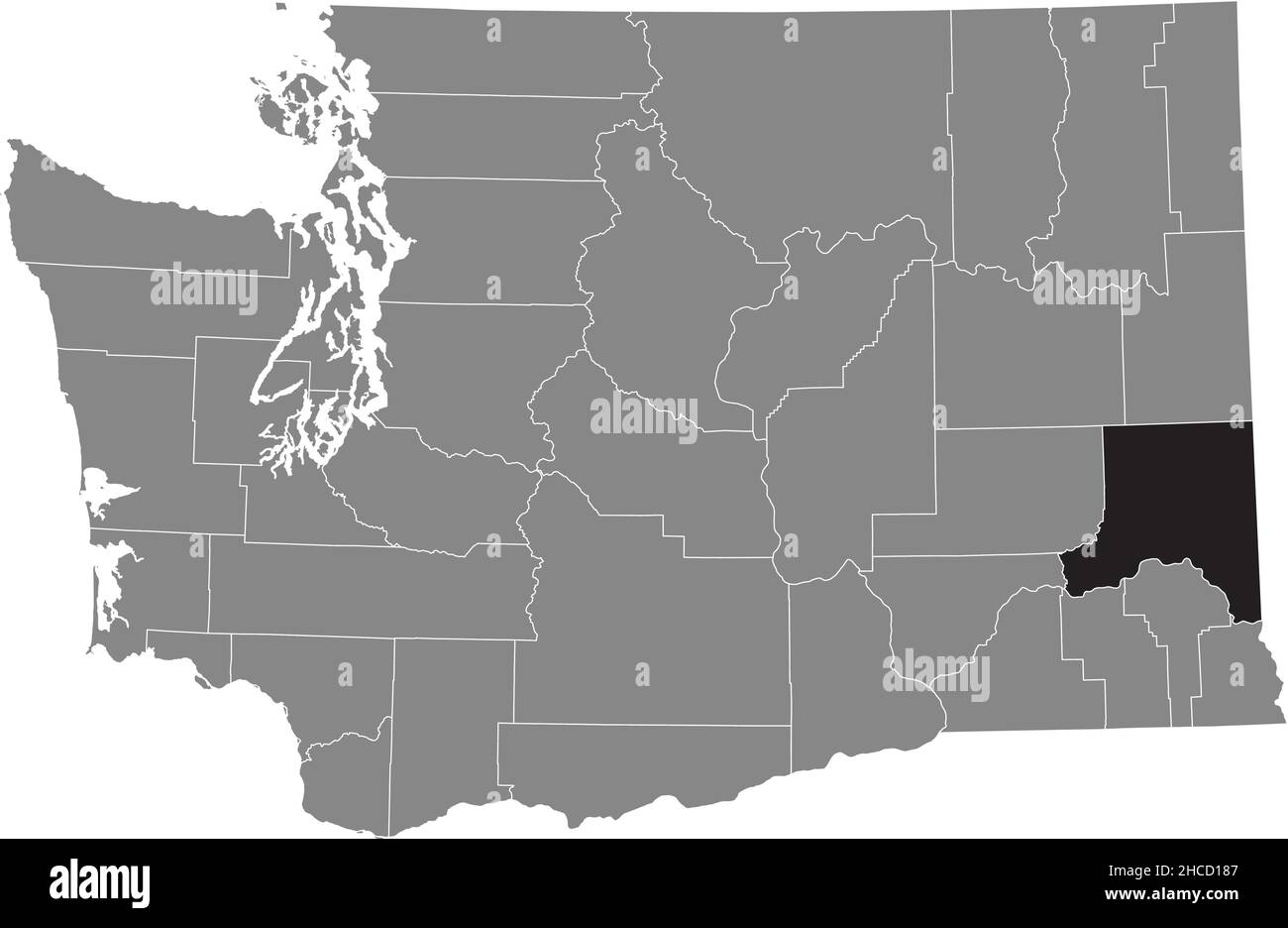 Black highlighted location map of the Whitman County inside gray ...