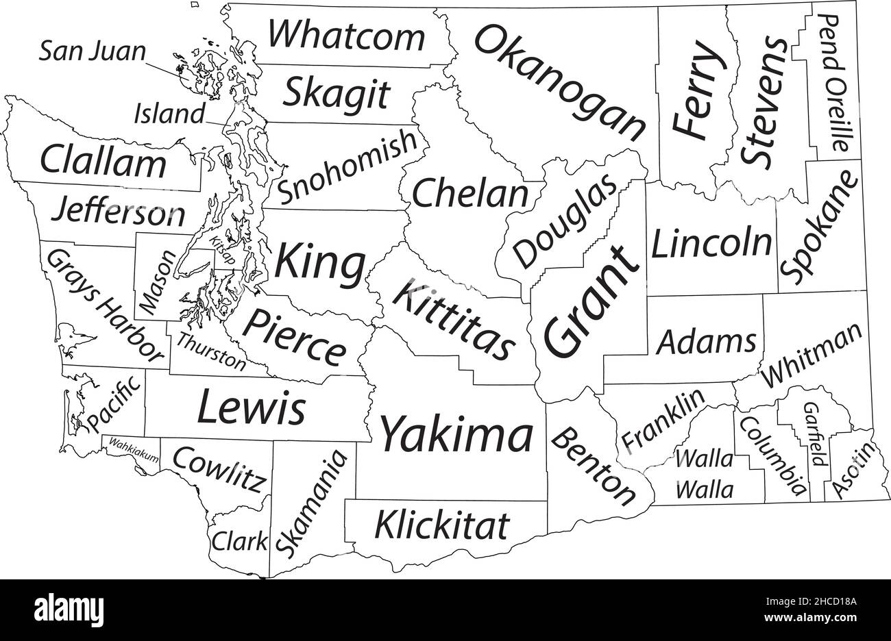 White vector administrative map of the Federal State of Washington, USA ...