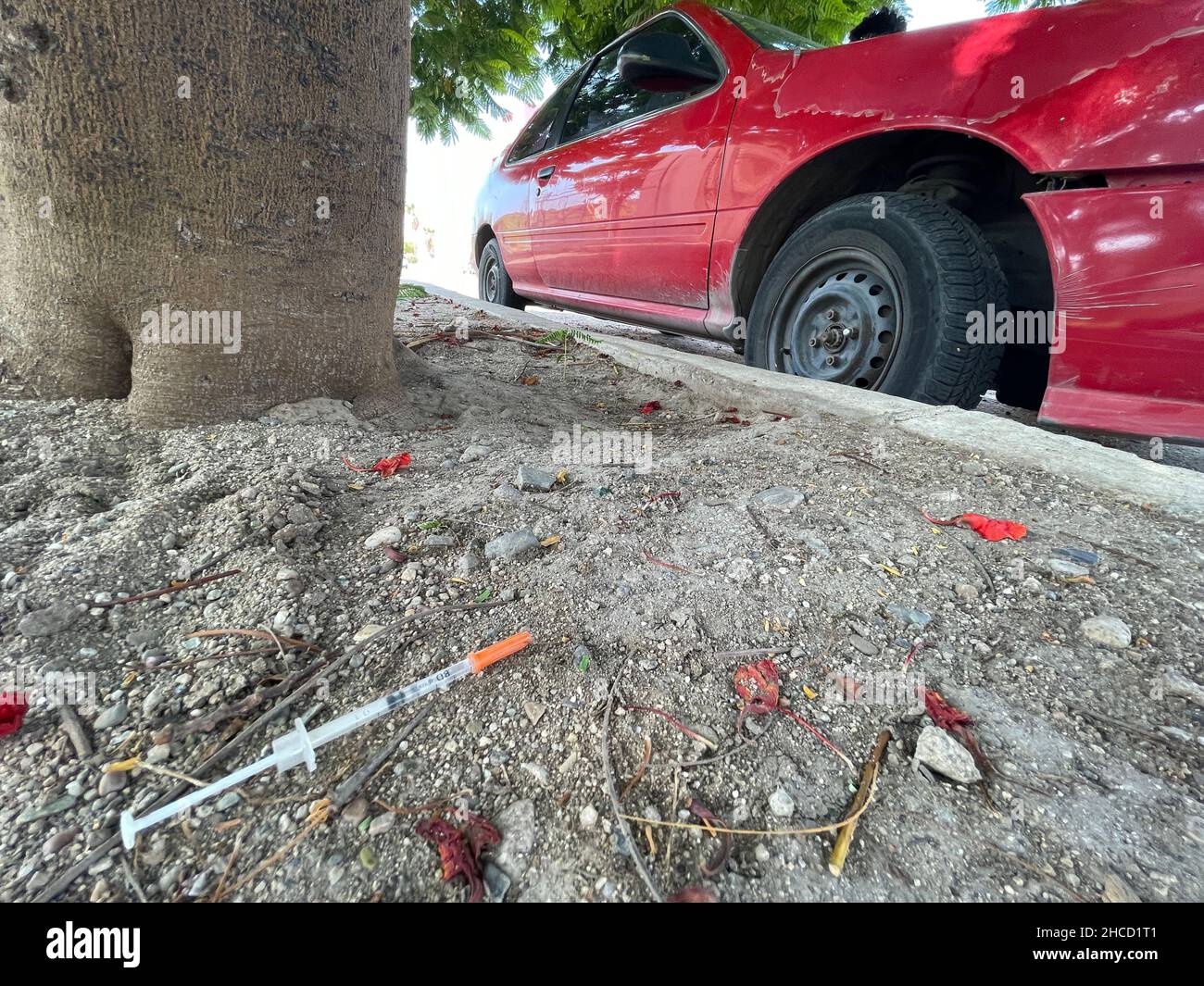 A syringe on the ground used to inject drugs like crystal, crack ...