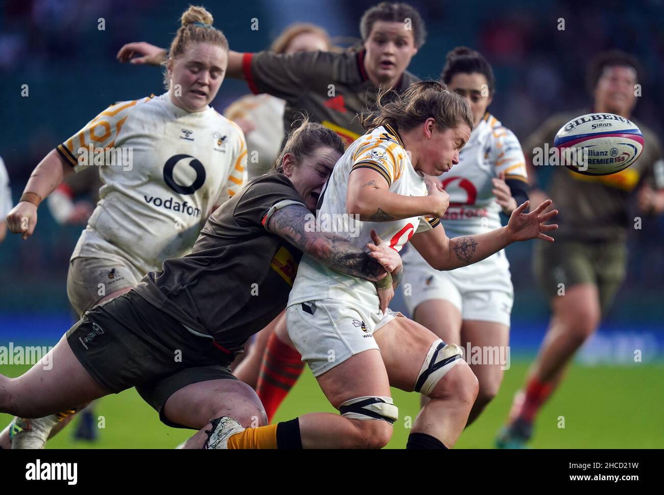 Harlequins' Jade Konkel tackles Wasps' Kay Searcy during the Allianz ...
