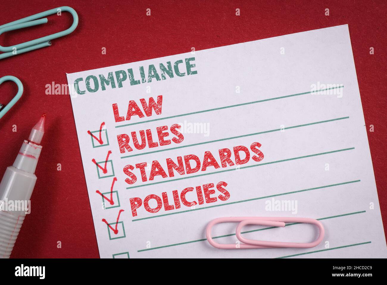 Compliance Business Concept. Check list with text on a red background ...