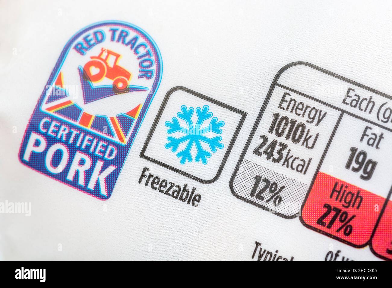 Red Tractor label on packet of ASDA supermarket own-label Lincolnshire ...