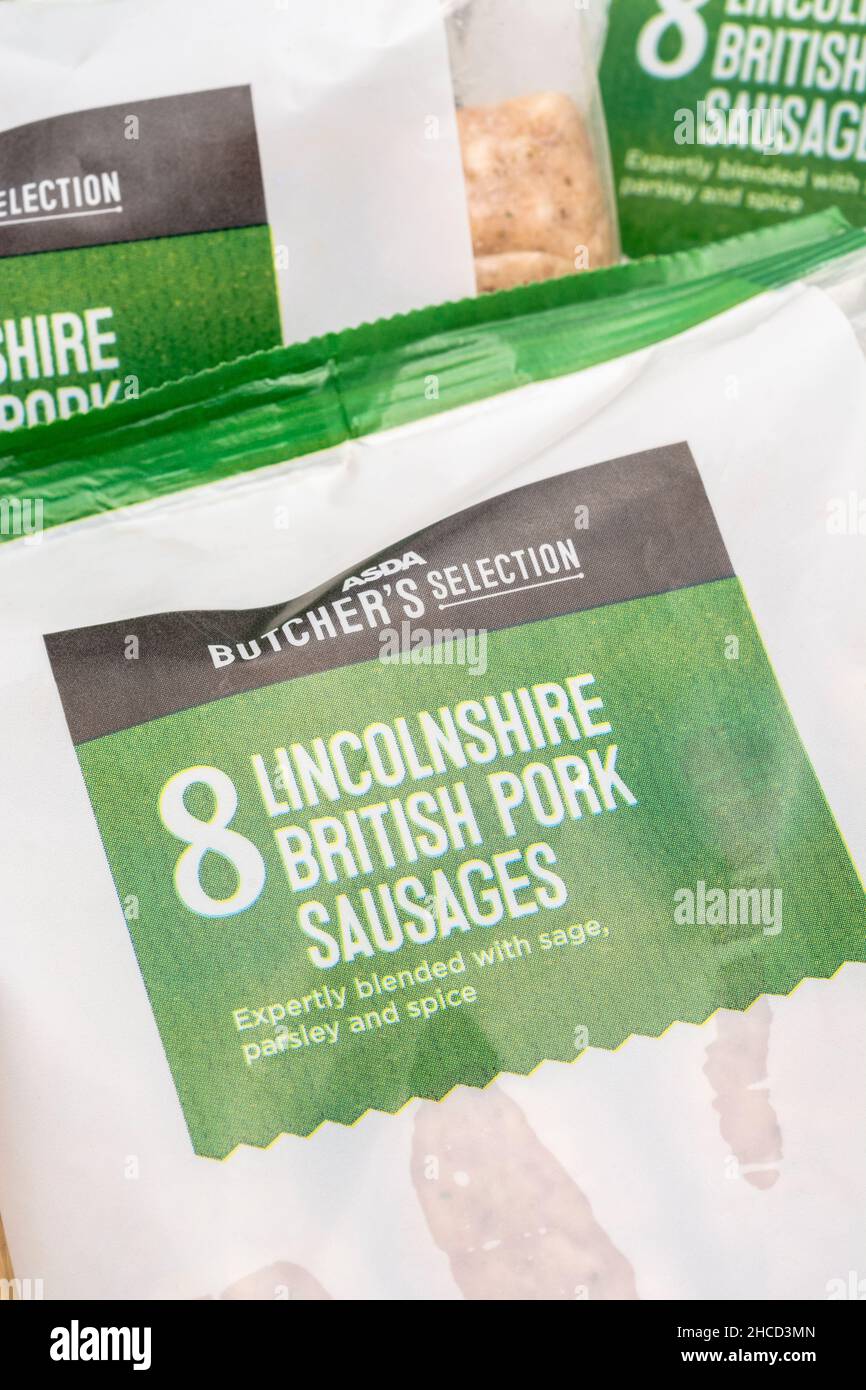 Label on packet of ASDA supermarket own-label Lincolnshire sausages ...