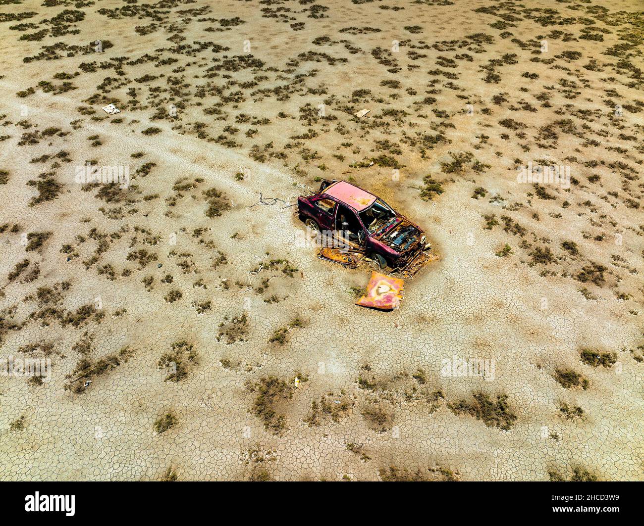 Burnt out dumped pink car left on salt flats with cracked mud and shrub ...