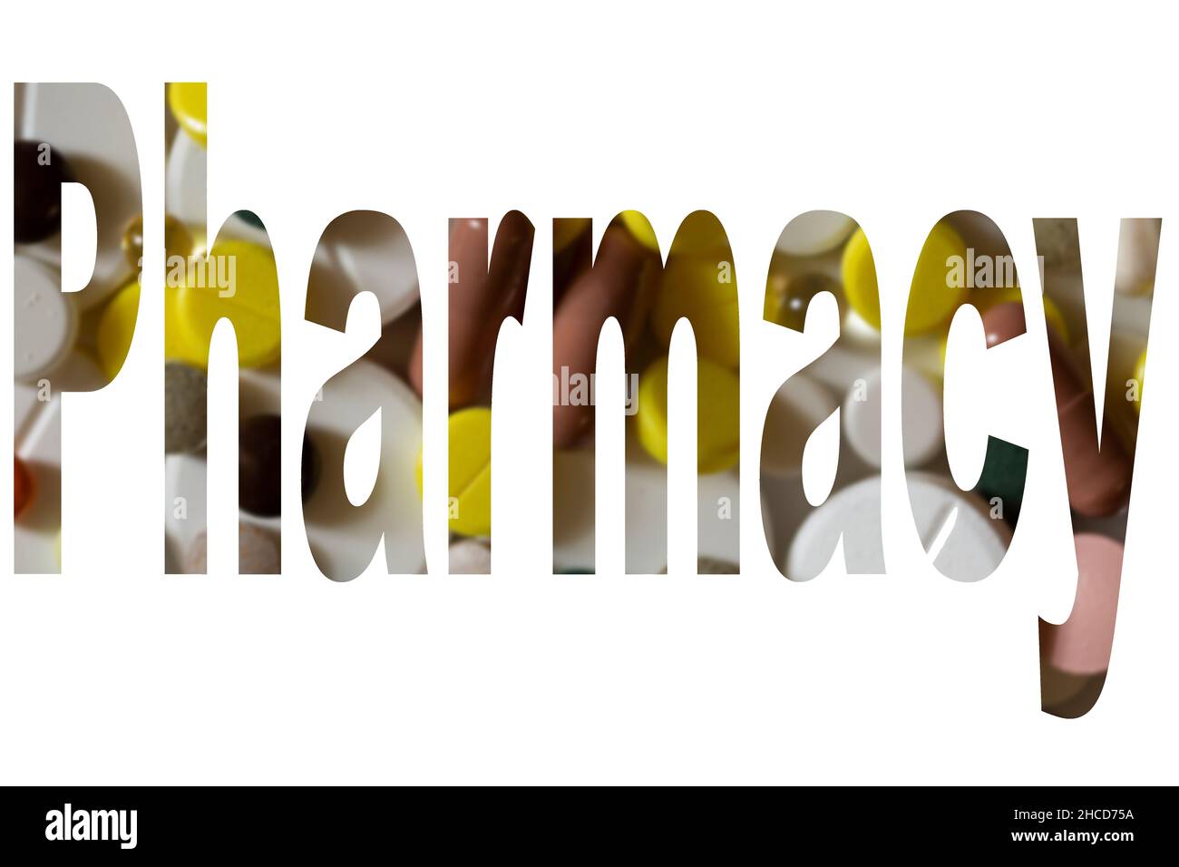 Pharmacy lettering with transparency of tablets close up, isolated on ...