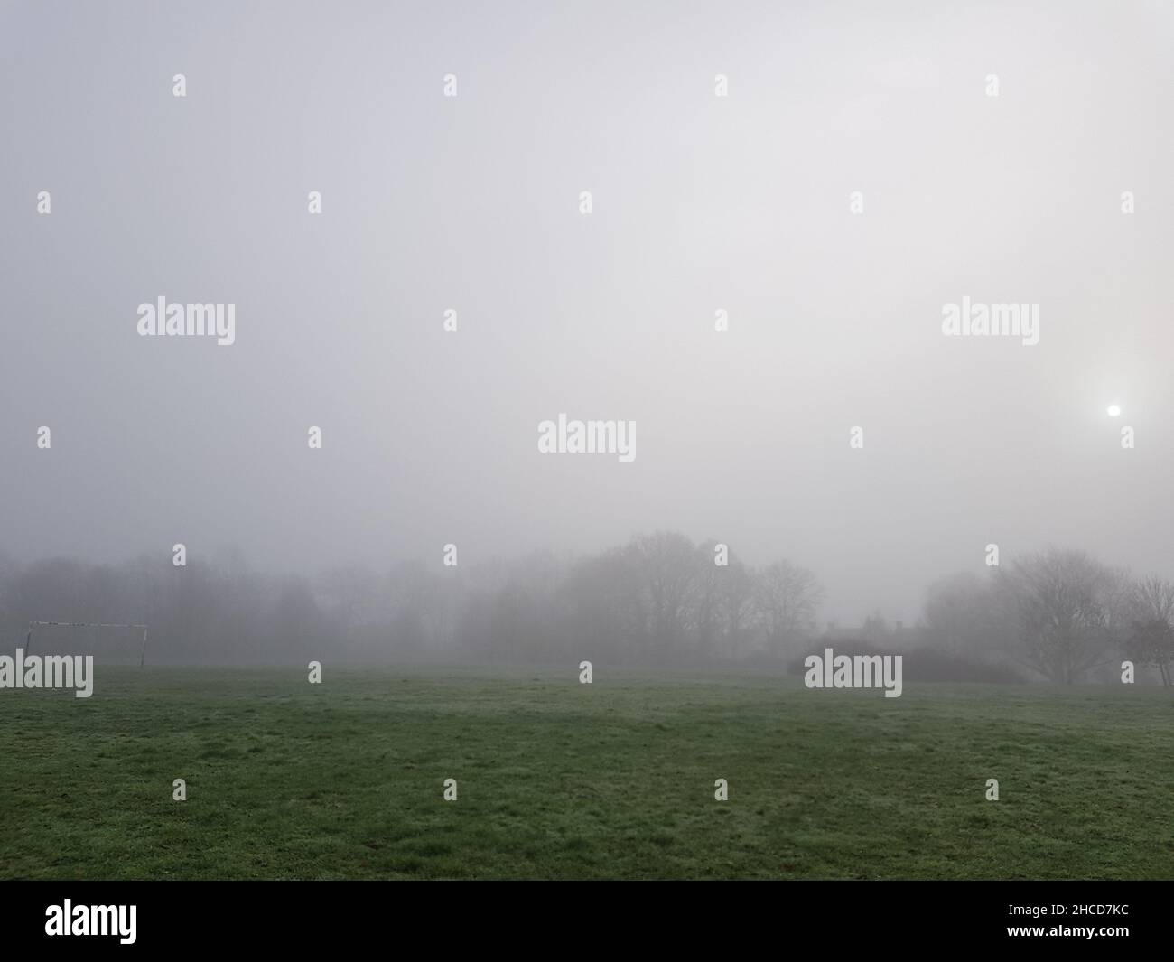 Football pitch in a fog in England Stock Photo - Alamy