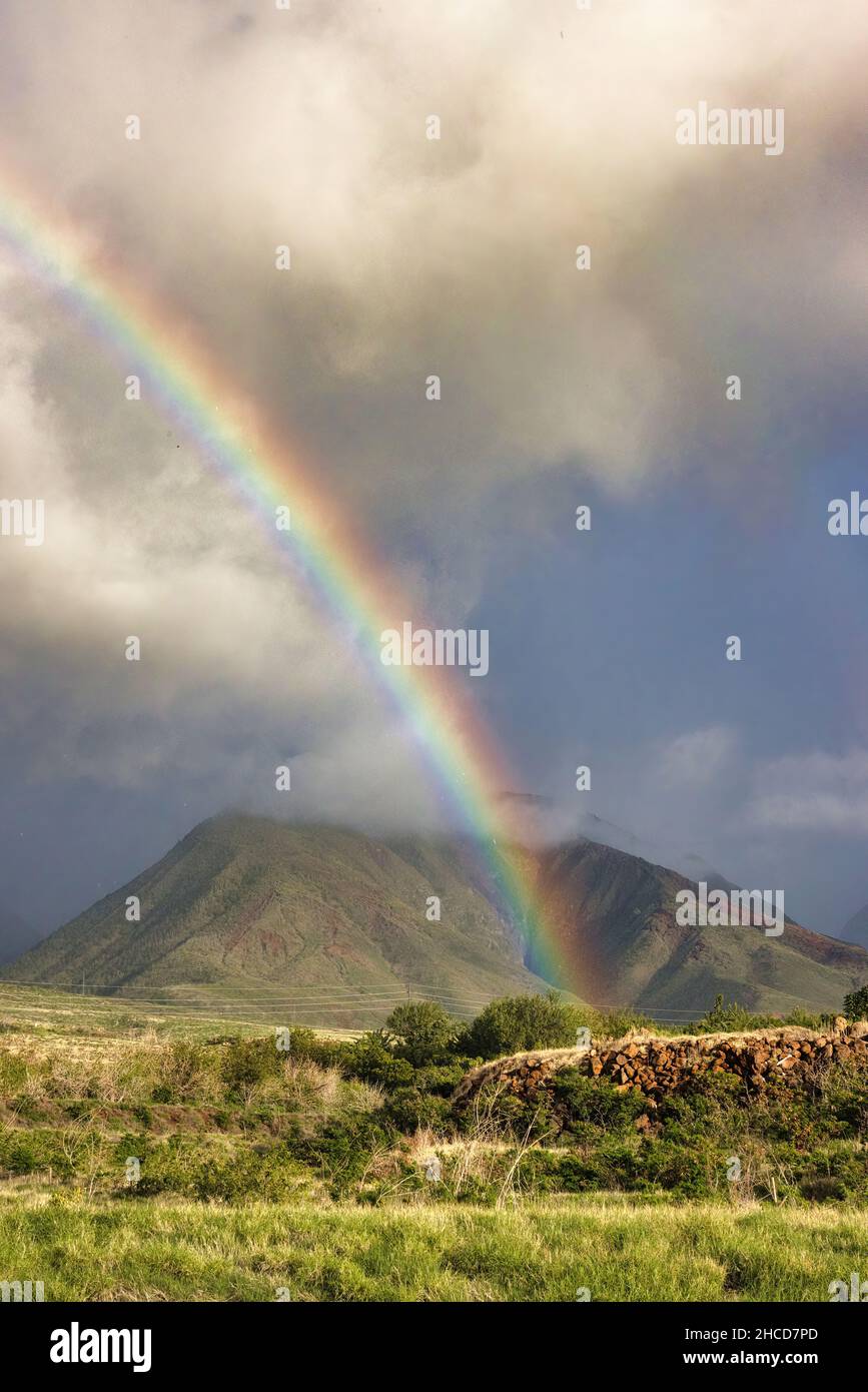 Vertical scenic of a rainbow slashing across the west maui mountains ...