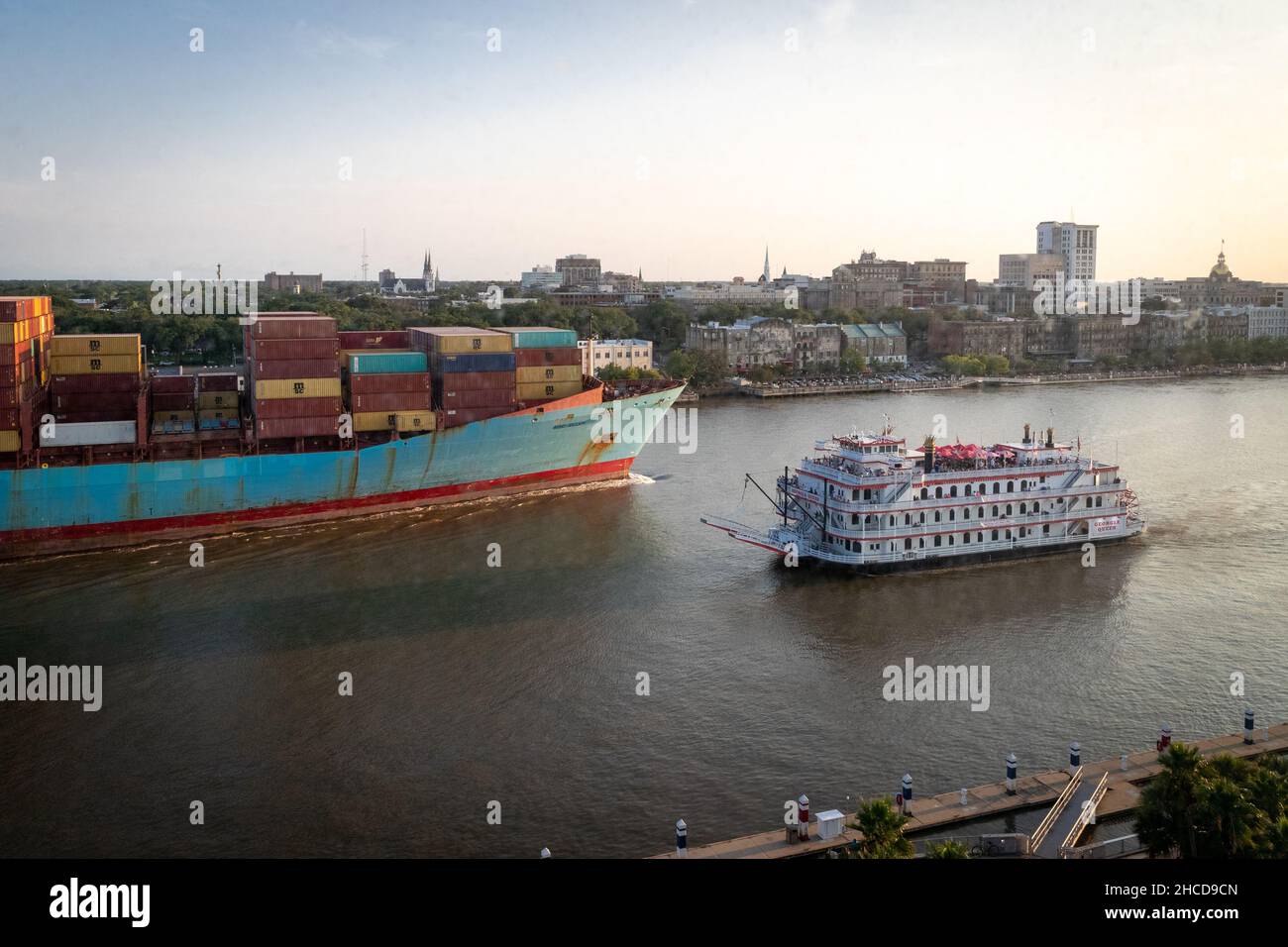 A container ship in the Savannah River arrives to the Port of Savannah ...