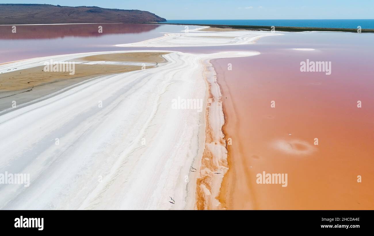 Aerial view of the unique salty pink lake in Crimea, Russia. Natural ...
