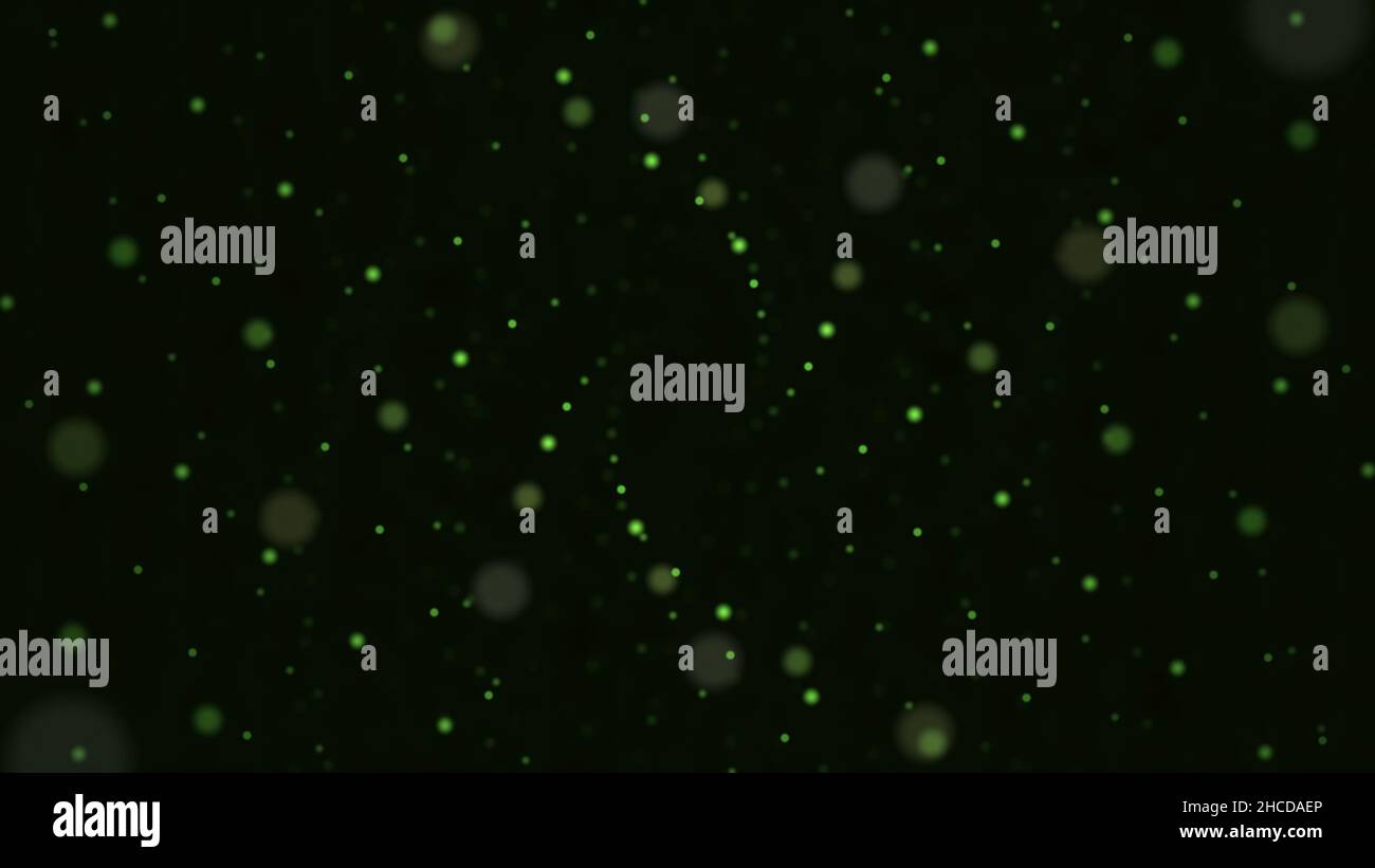 Flying through abstract moving spiral of green glowing orbs and ...