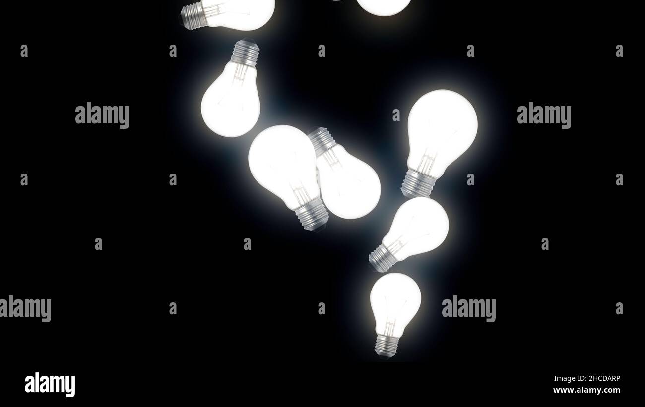 Animation of 3d flying lamps on black background. Abstract CGI motion ...