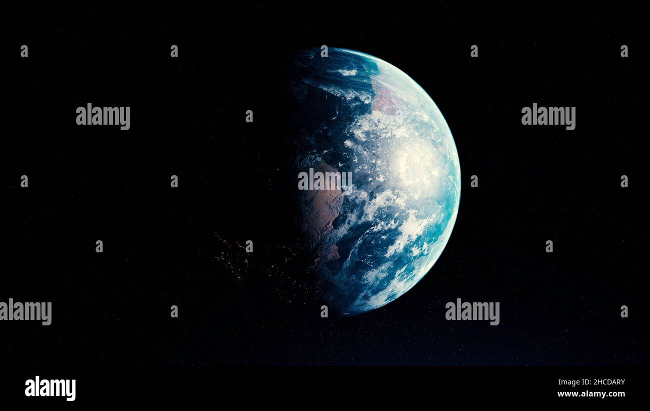 Abstract 3D visualisation of the Earth rotating on black space ...
