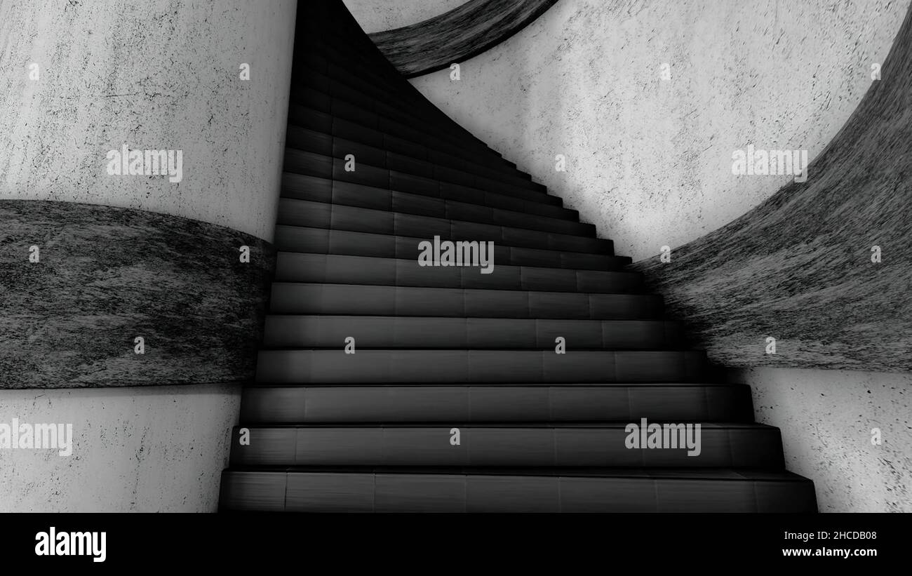 Climbing the spiral shaped black stairs along grey walls, seamless loop ...