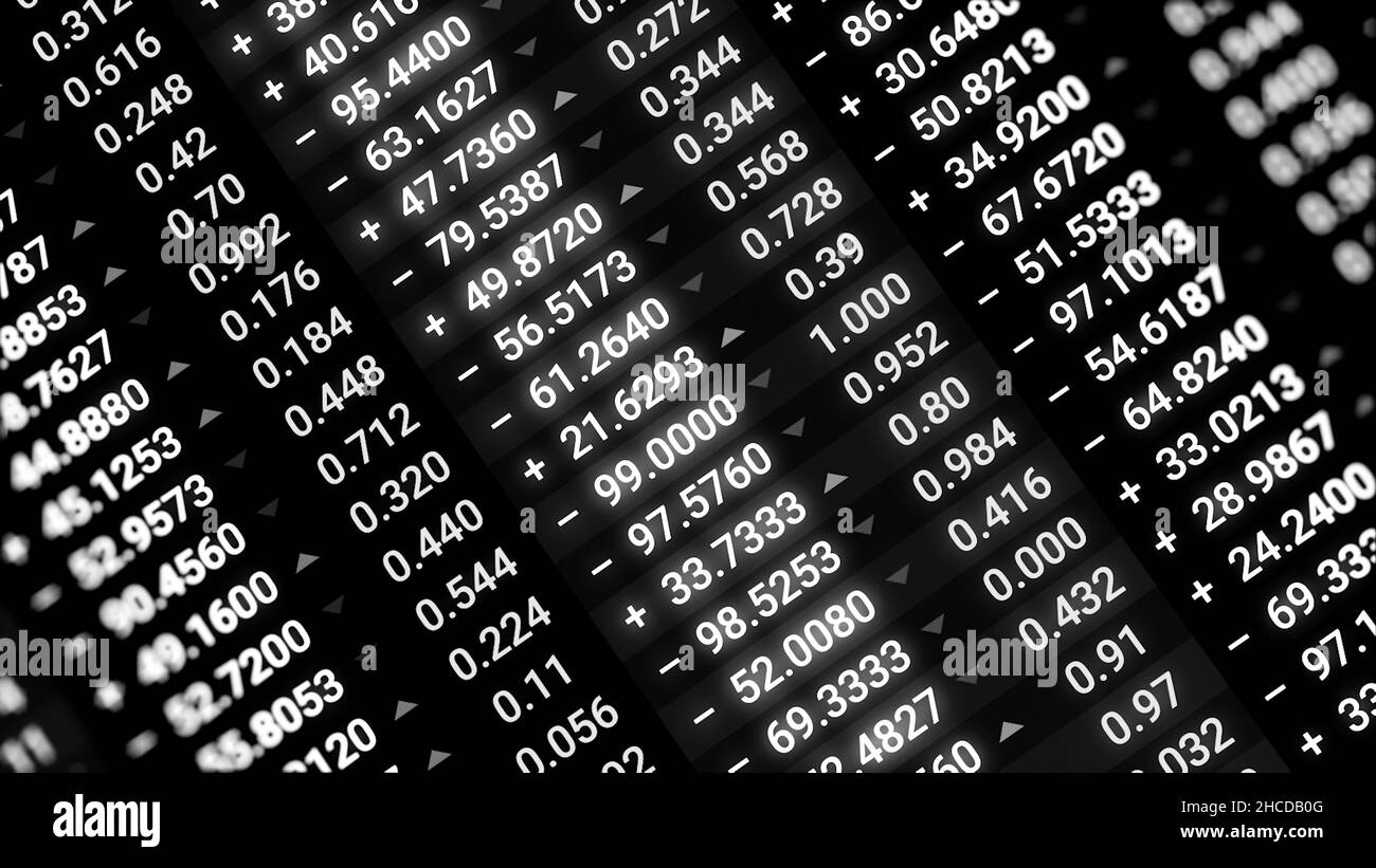 Abstract financial data, changing symbols on computer black screen ...