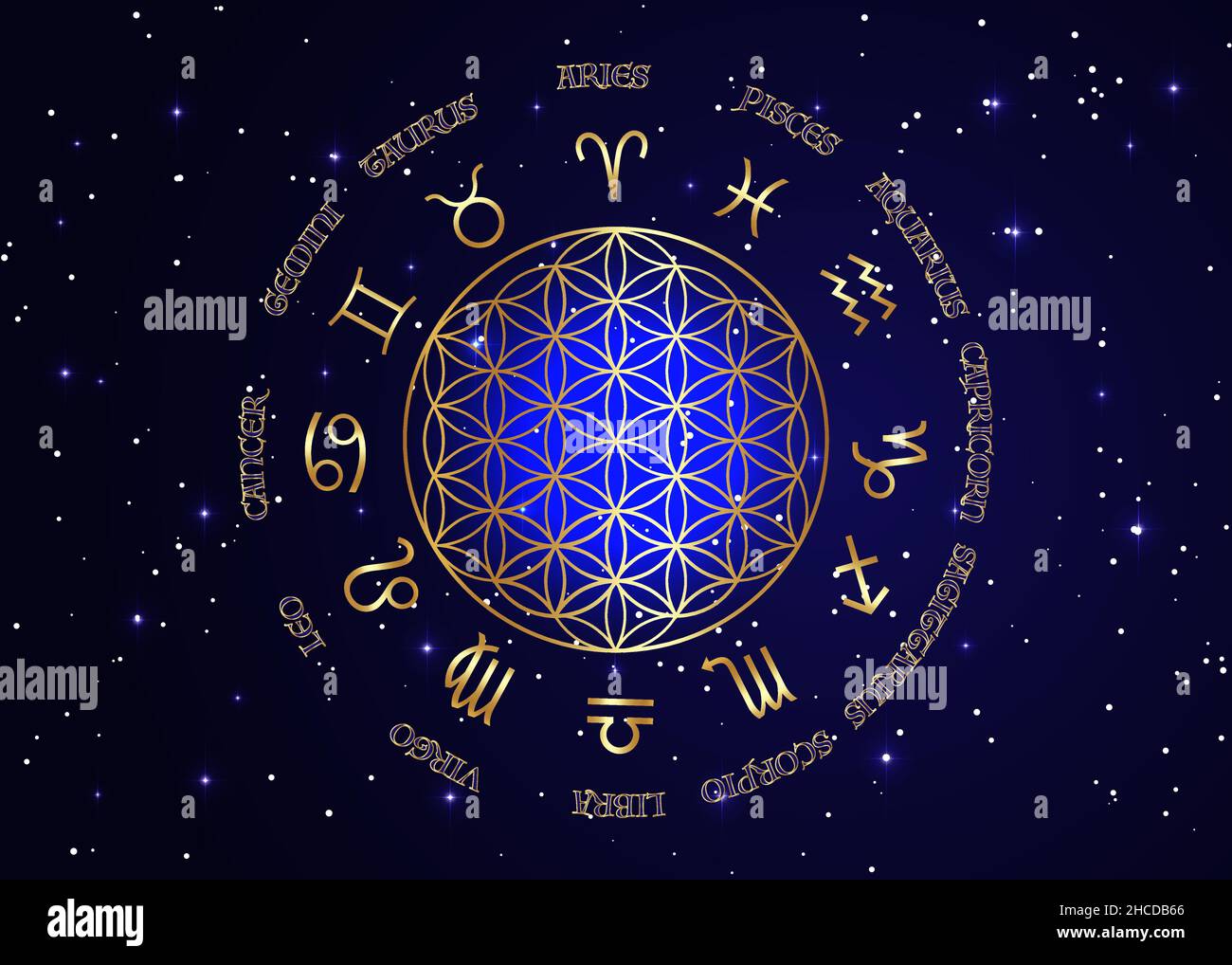 wheel of the zodiac set gold signs. Golden Flower of Life, Yantra ...