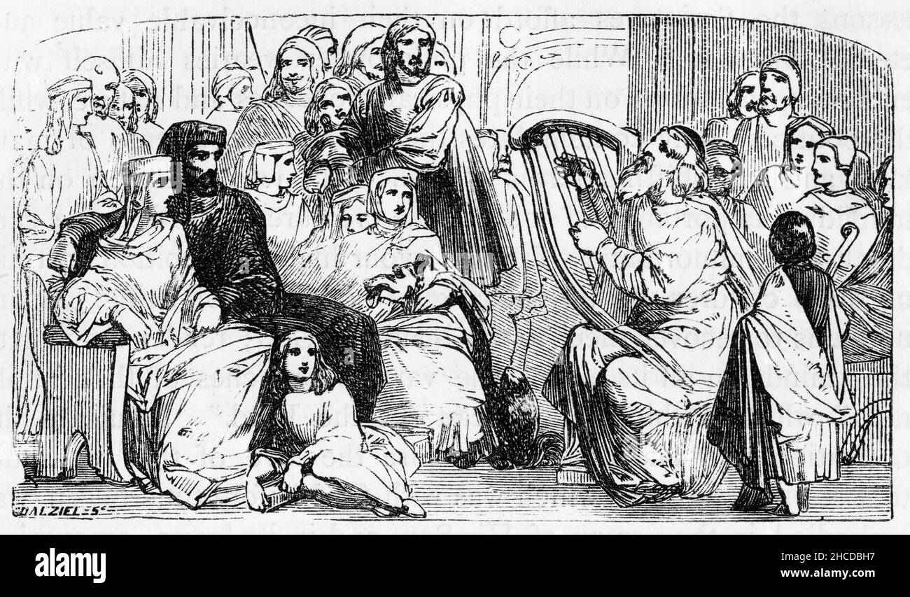 Engraving of a medieval musician singing ballads as a means of passing ...