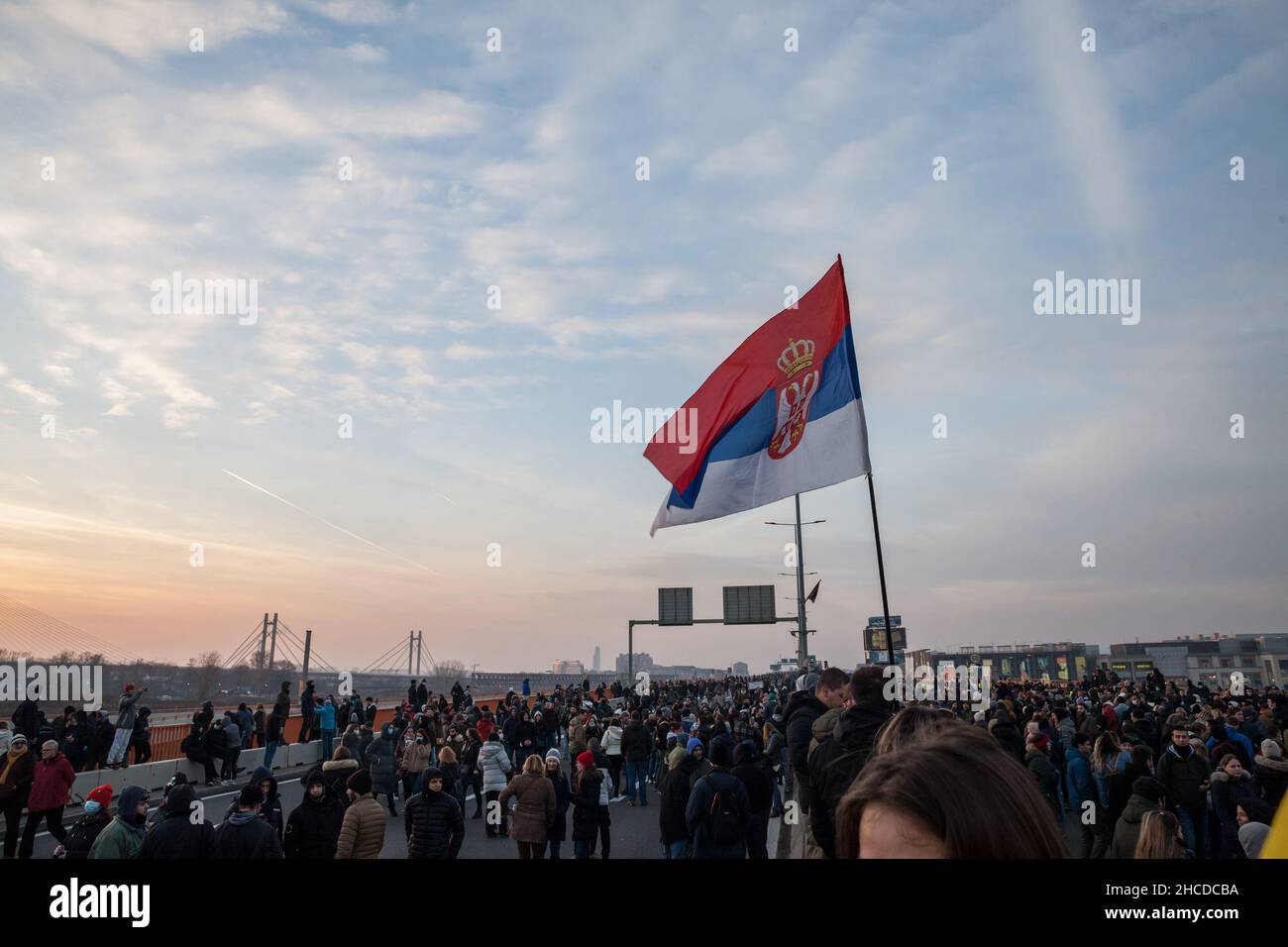Picture of a crowd of protestors in Belgrade, Serbia, on Most gazela ...