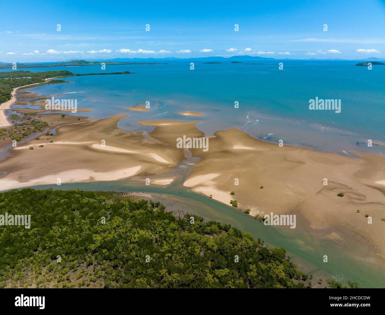 Drone aerial landscape of small coastal tropical land made into an ...