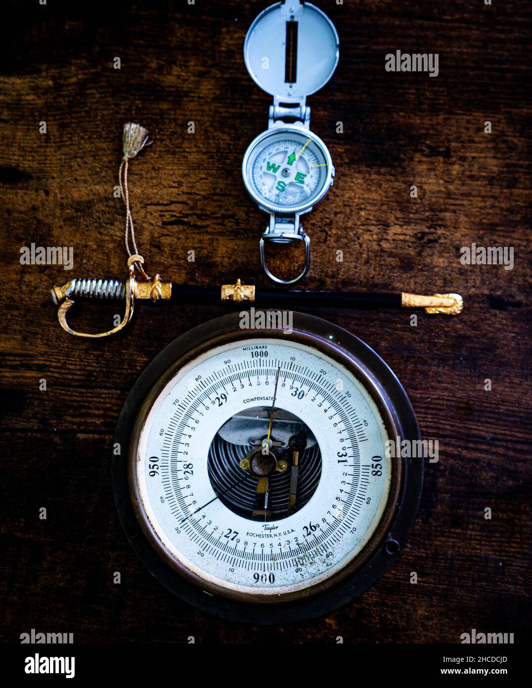 Antique Weather Barometer, Engineer Compass, and sword letter opener ...