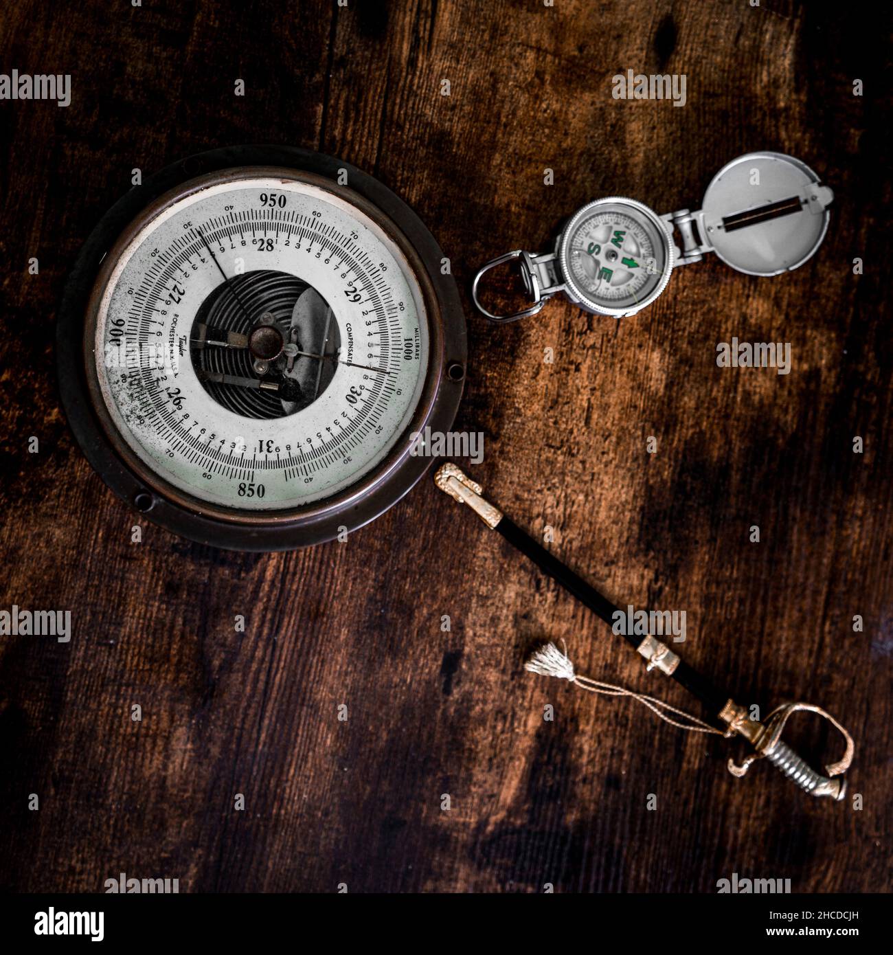 Antique Weather Barometer, Engineer Compass, and sword letter opener ...