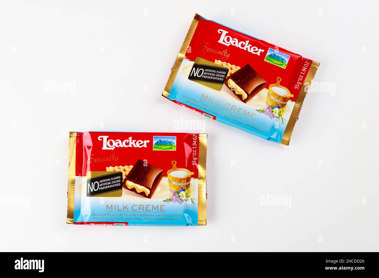 May 4, 2021. New York. Loacker chocolate bars with milk cream filling ...