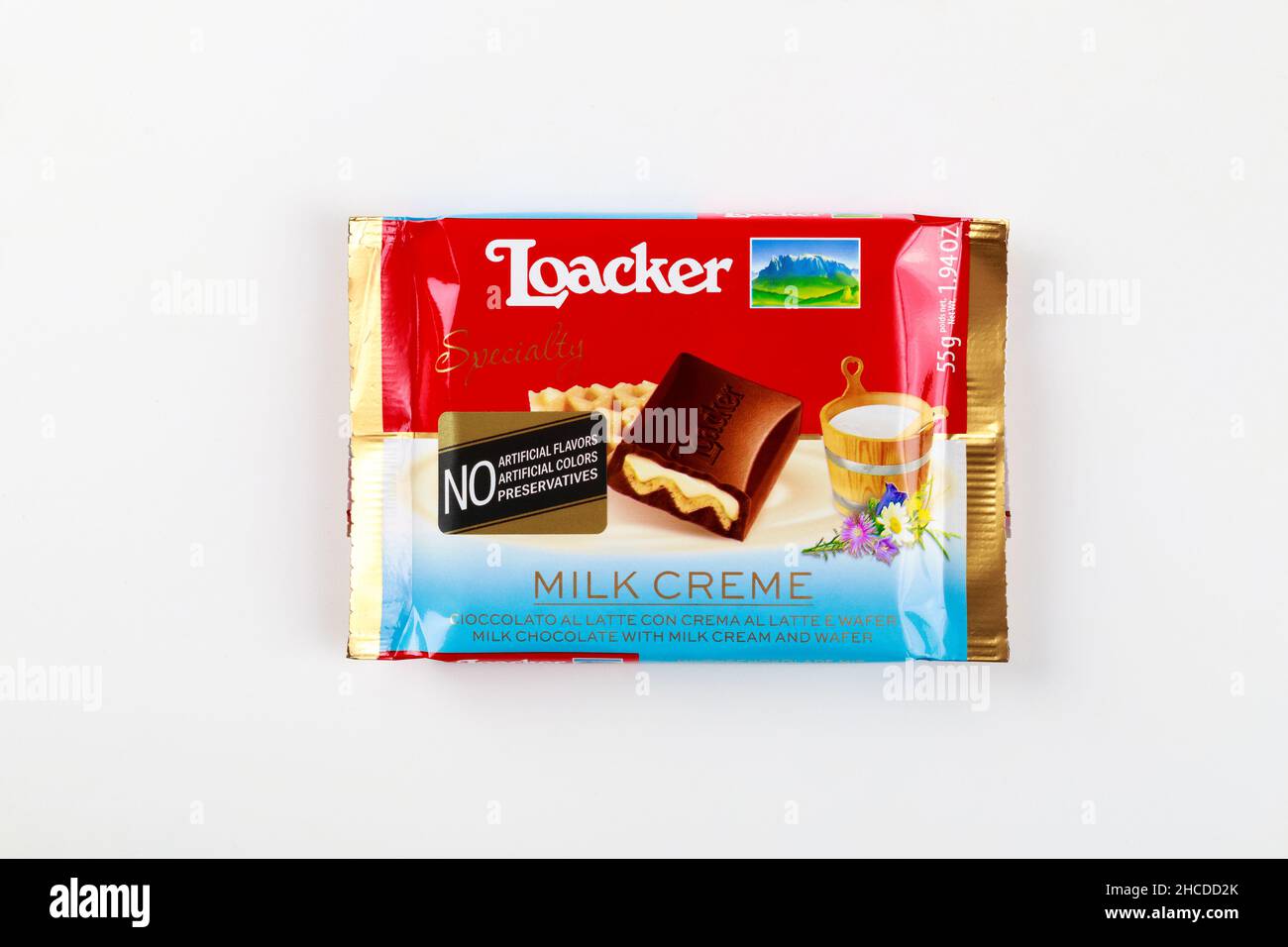 May 4, 2021. New York. Loacker chocolate bar with milk cream filling on ...
