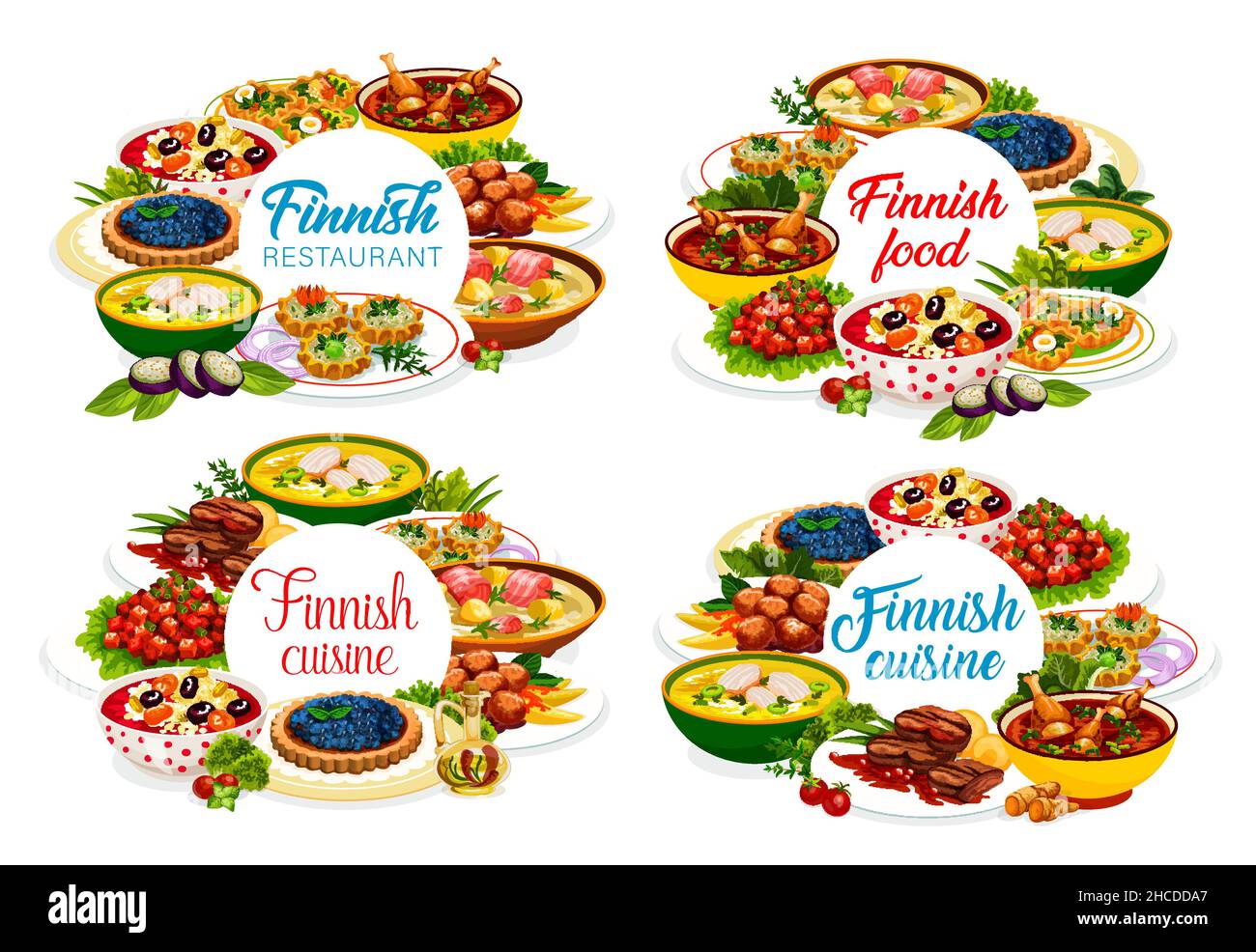 Finnish restaurant cuisine menu cover design with dishes and meals of ...