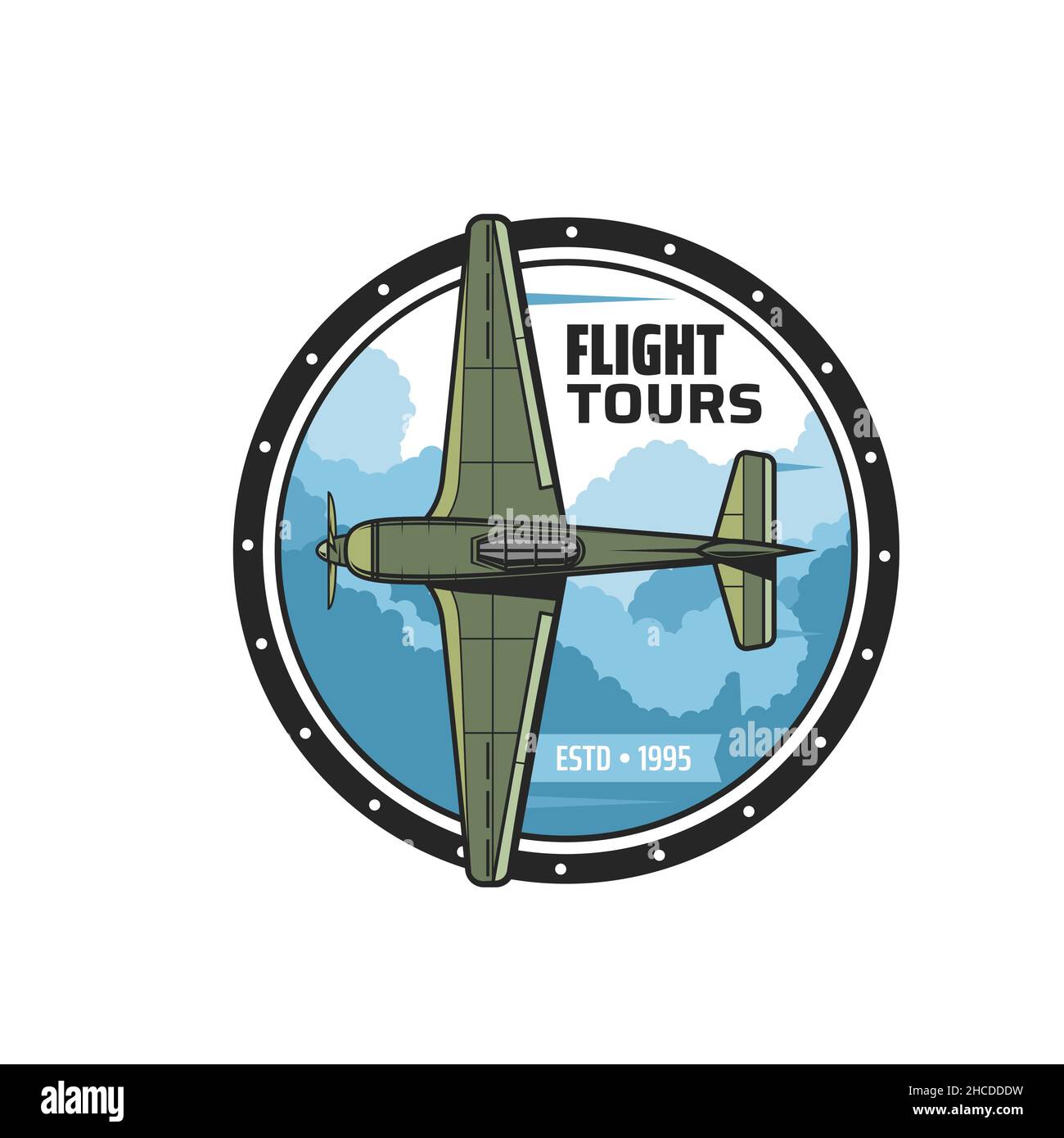 Flight tours and air travel round icon. Air transport journey, tourist ...