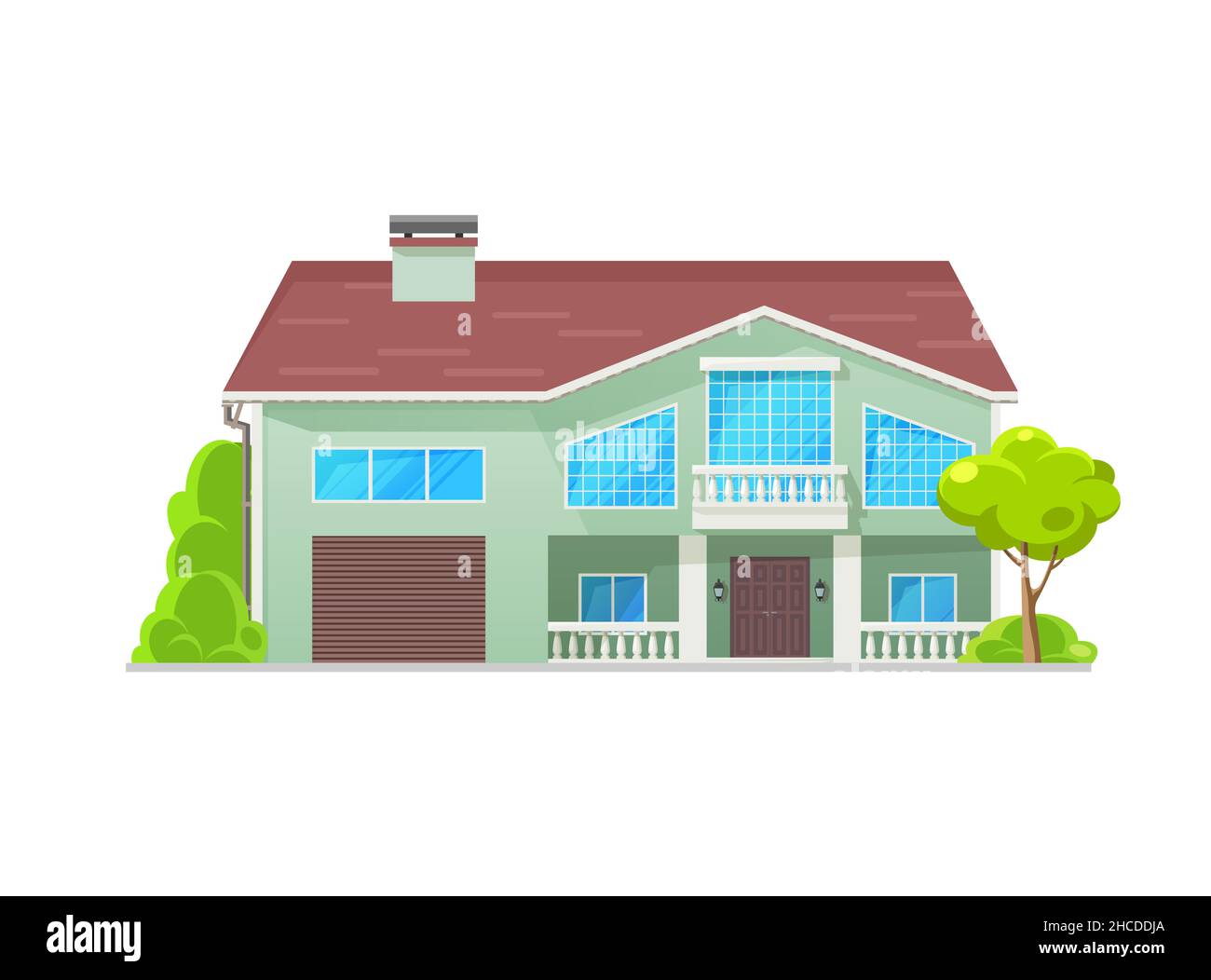 Residential two-storey house building with garage and balcony, vector ...