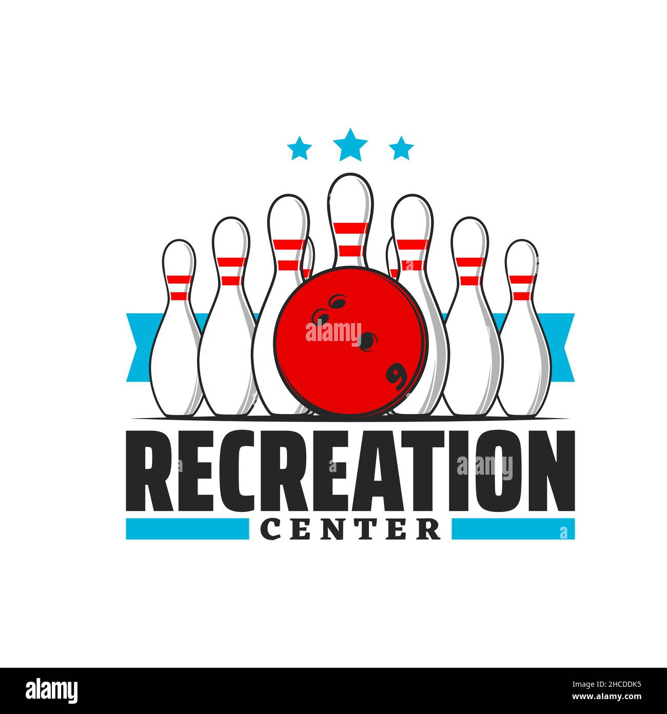 Bowling alley icon, sport game club and recreation center vector emblem ...