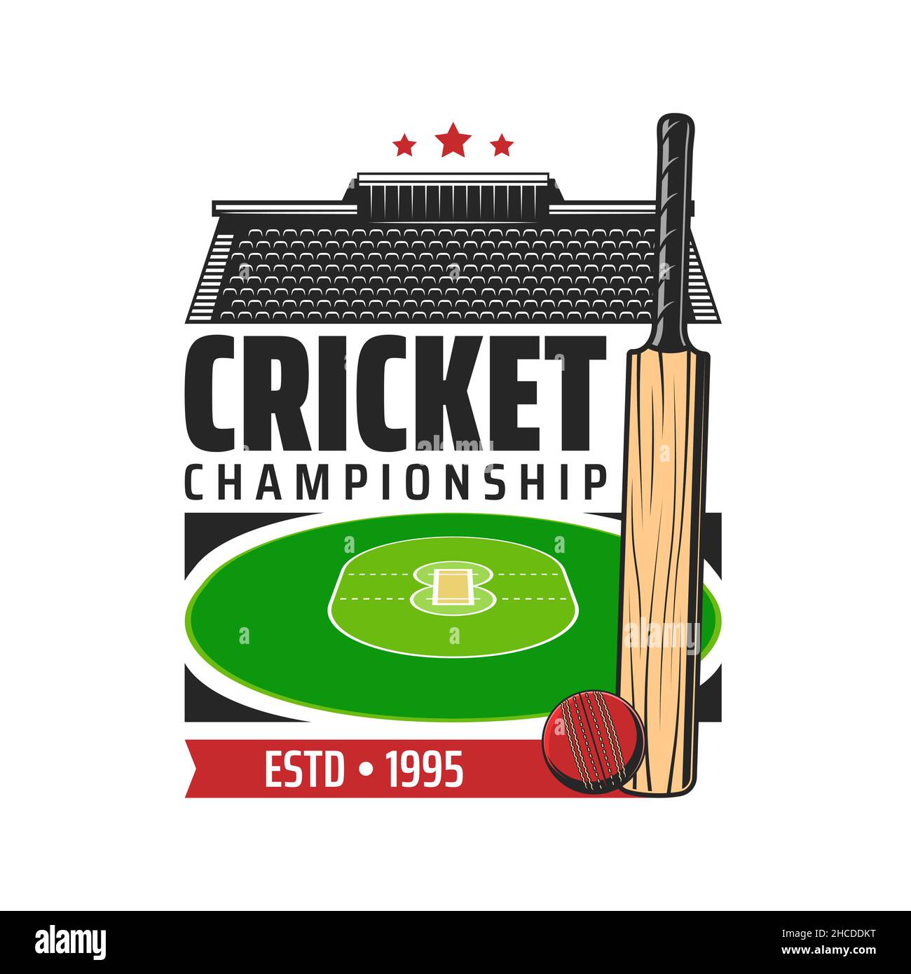 Cricket sport vector icon with game player bat, ball, stadium play ...