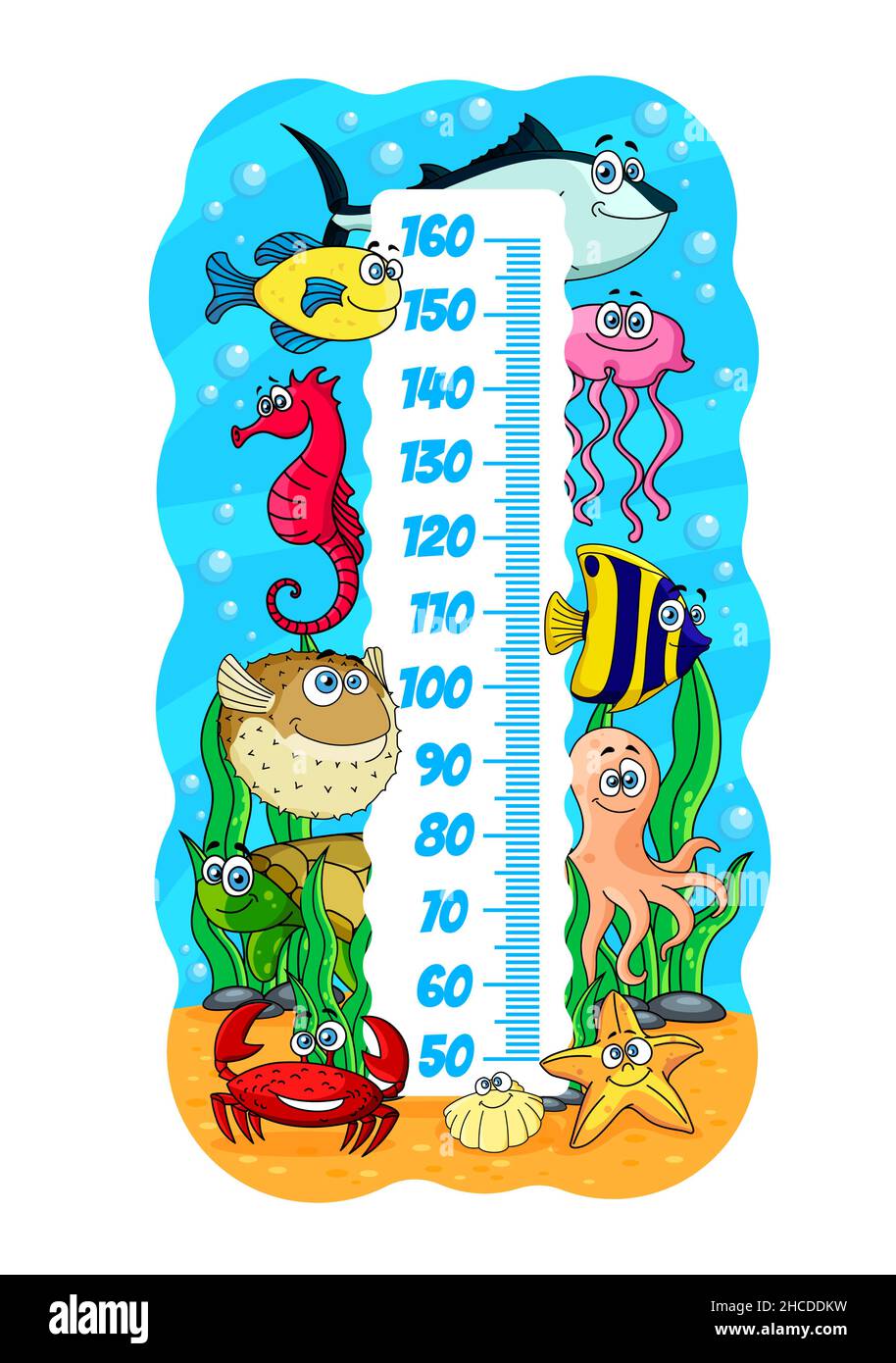 Kids height chart with underwater sea animals and fishes, growth ...