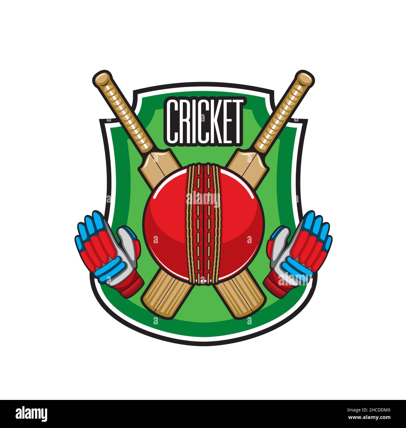 Cricket game icon with crossed bats, ball and gloves over green field ...