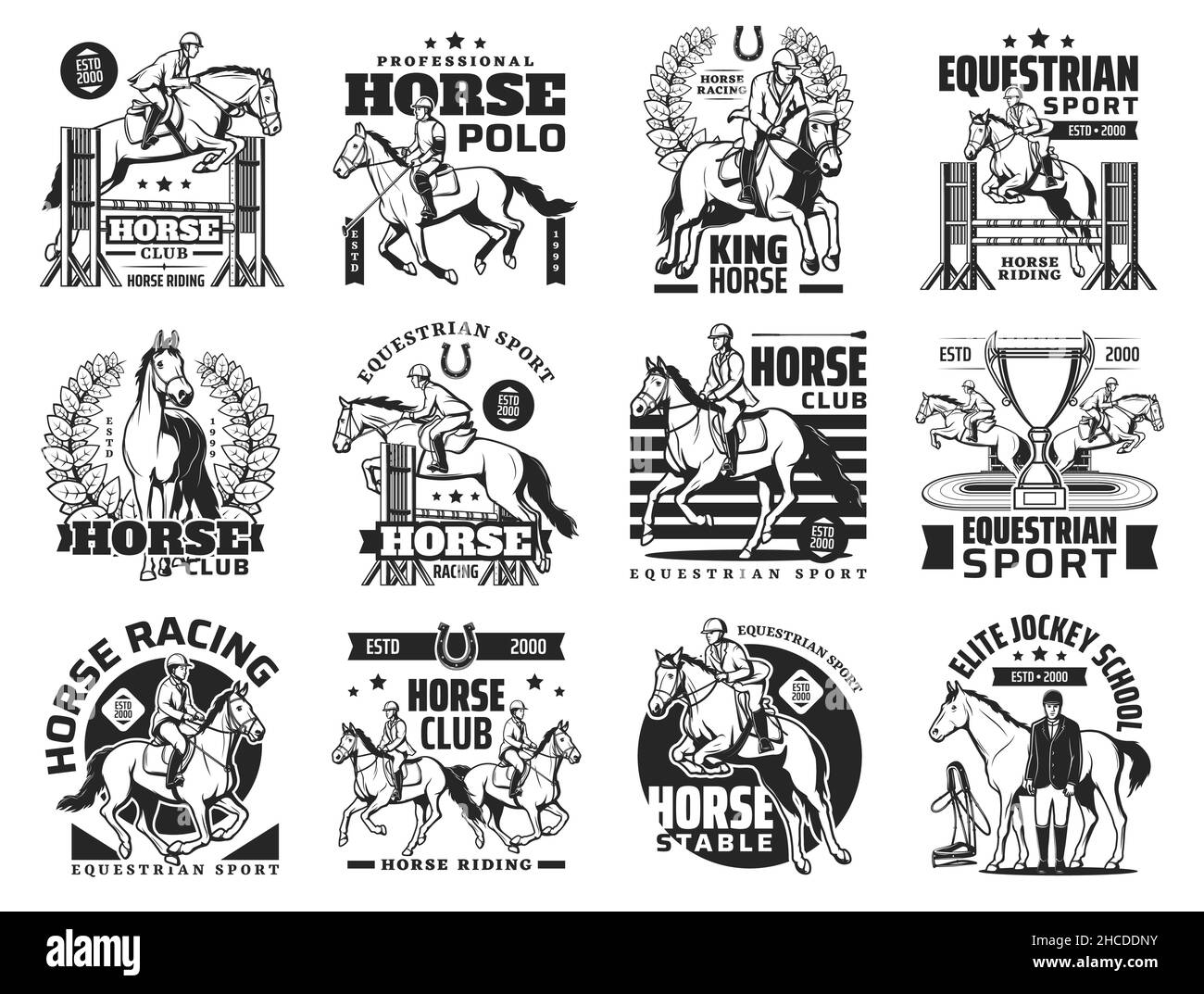 Equestrian sport and horse riding icons. Horse racing, polo sport team ...