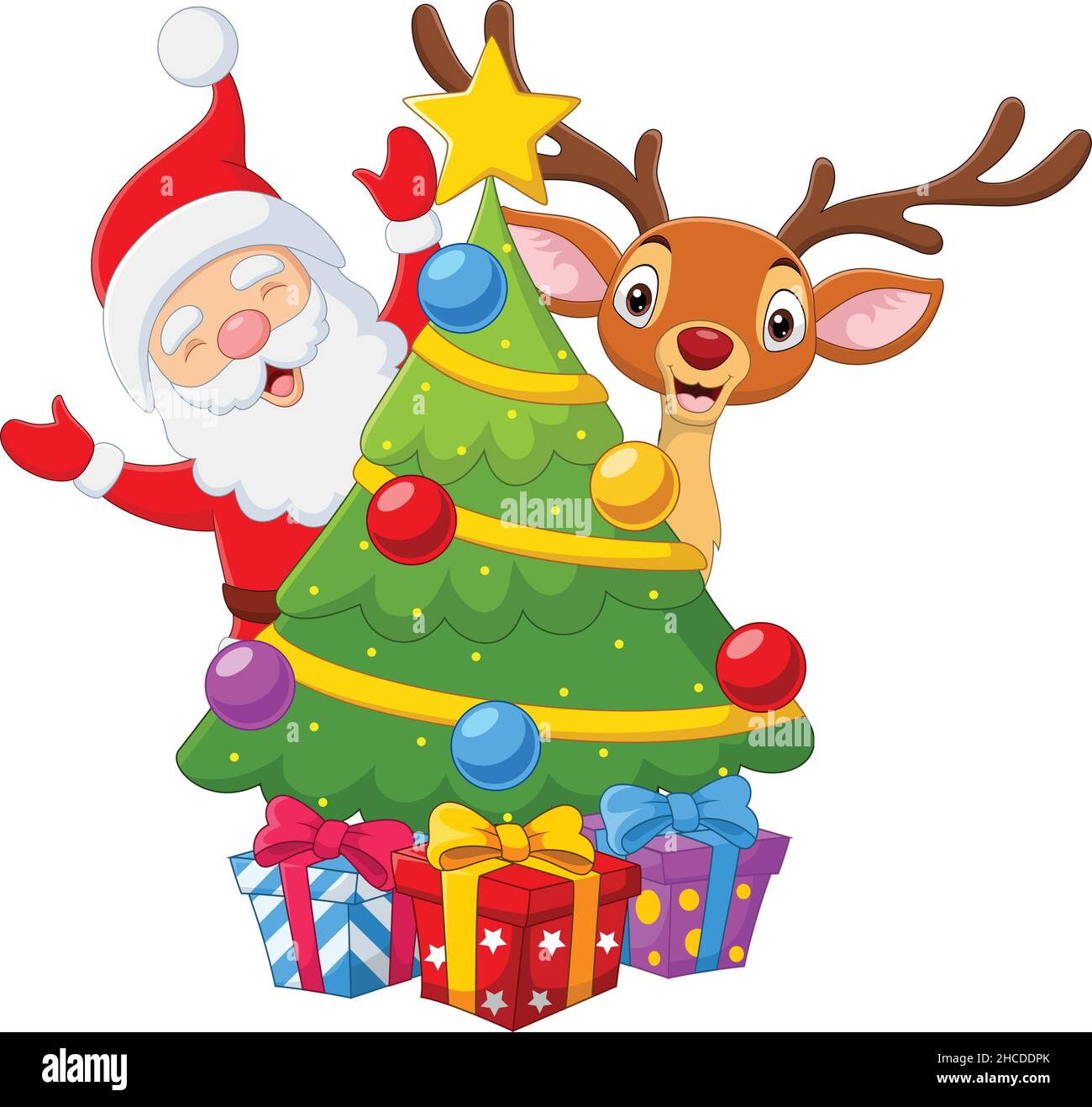 Happy santa claus with reindeer in a christmas tree and presents Stock ...