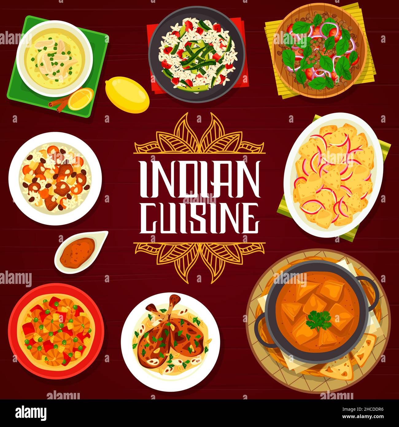 Indian cuisine vector menu cover chicken legs with almond nuts, lamb ...